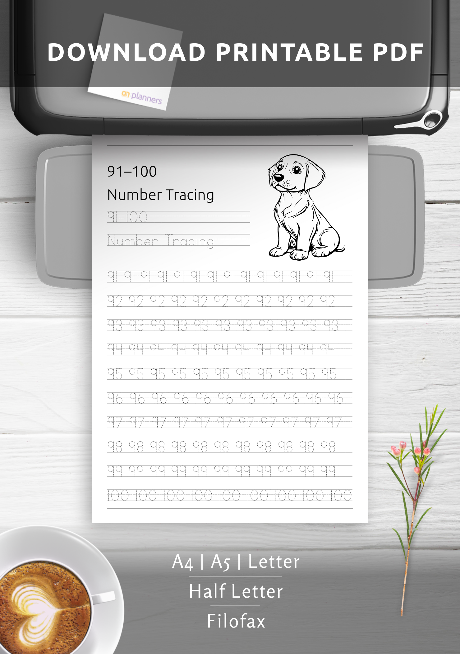 Download Number Tracing 91-100 Printable PDF