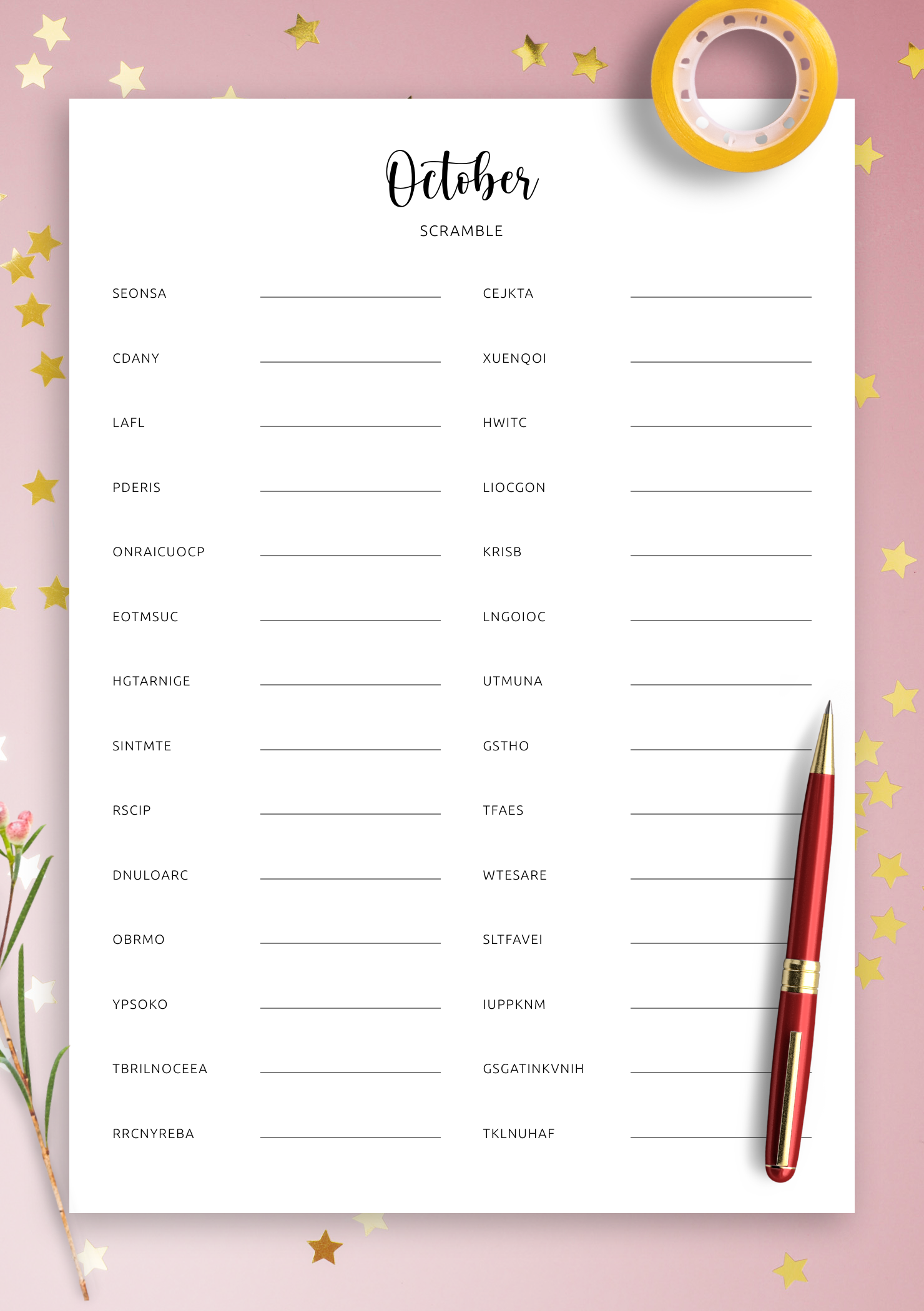 Download Printable October Word Scramble PDF