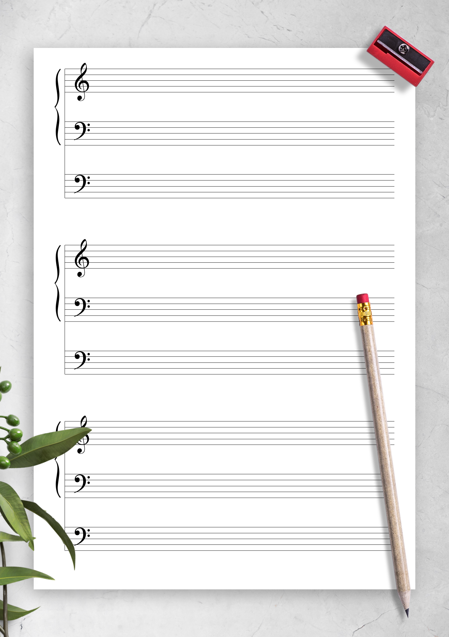 Download Organ Staff Template – Treble + Two Bass Clefs (Printable Sheet)