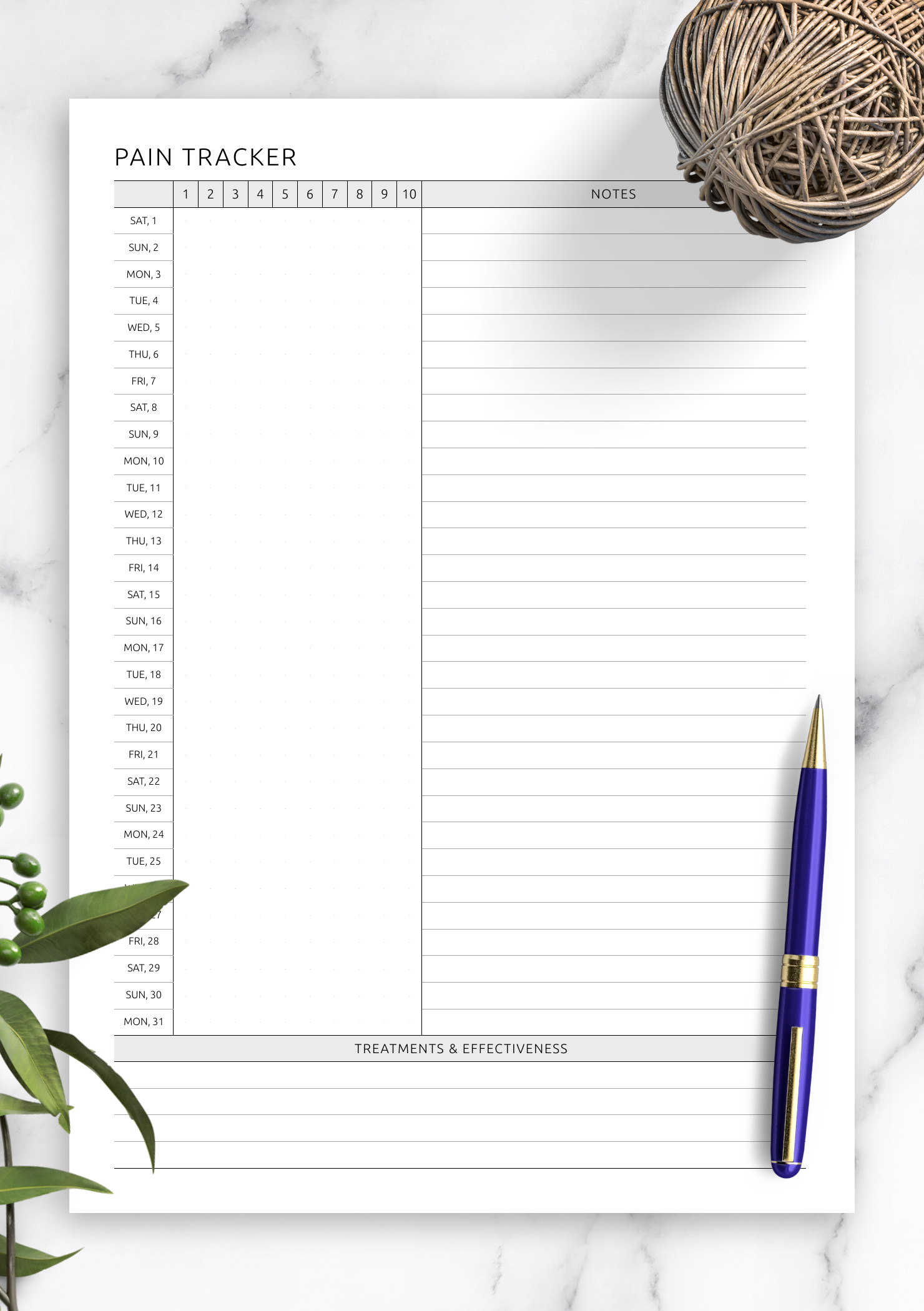 Download Printable Pain Tracker Template PDF