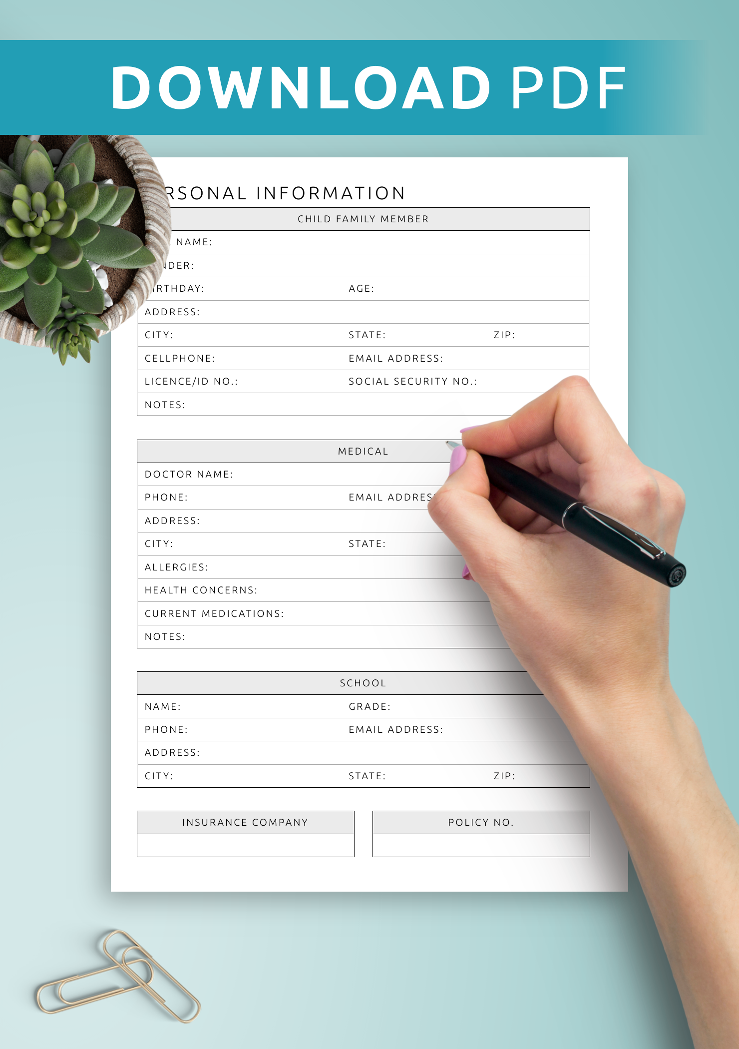 Download Printable Personal Information For Child Template PDF