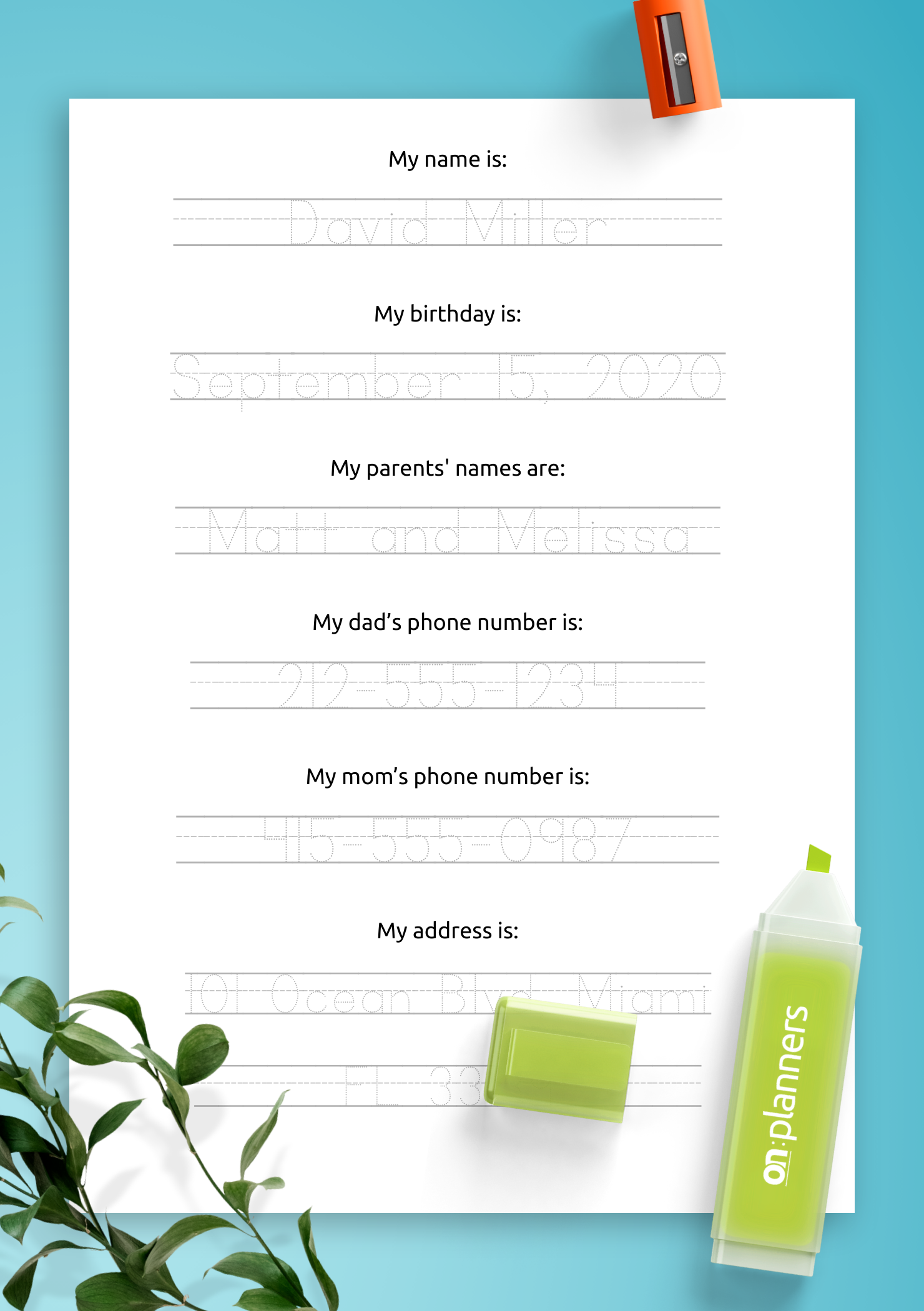 Download Personal Information Tracing Template for Kids Printable PDF