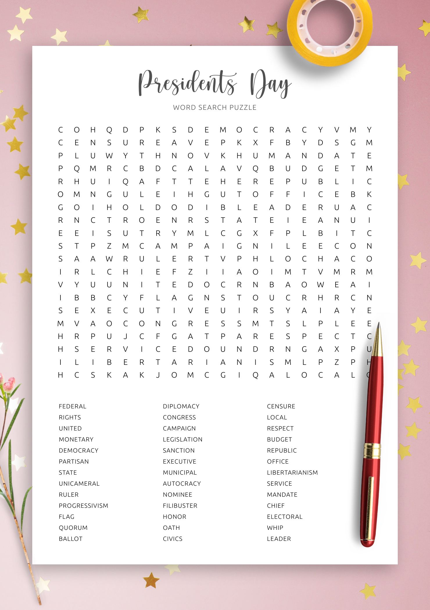 Download Printable Presidents Day Word Search in PDF