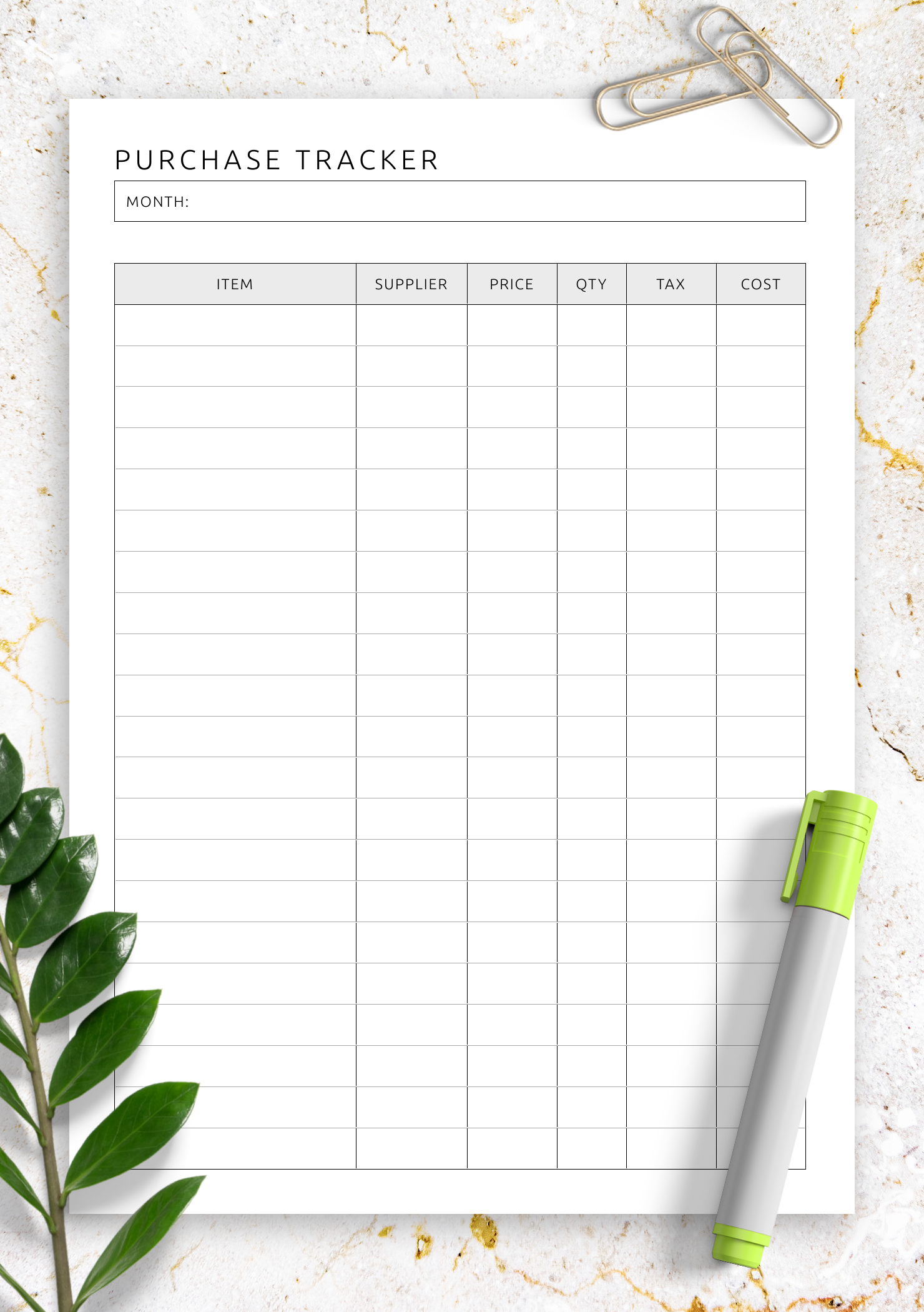 Download Printable Purchase Tracker Template PDF