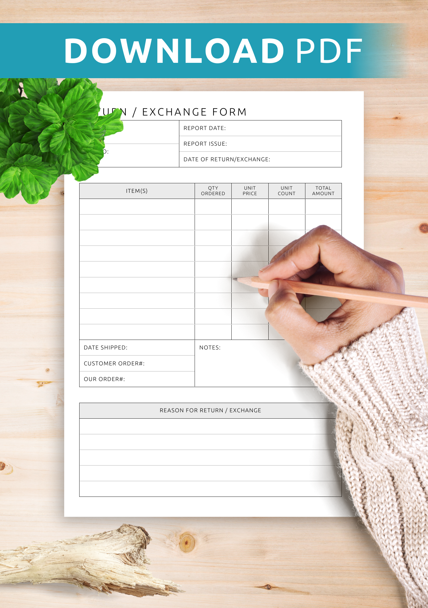 Download Printable Return / Exchange Form Template PDF