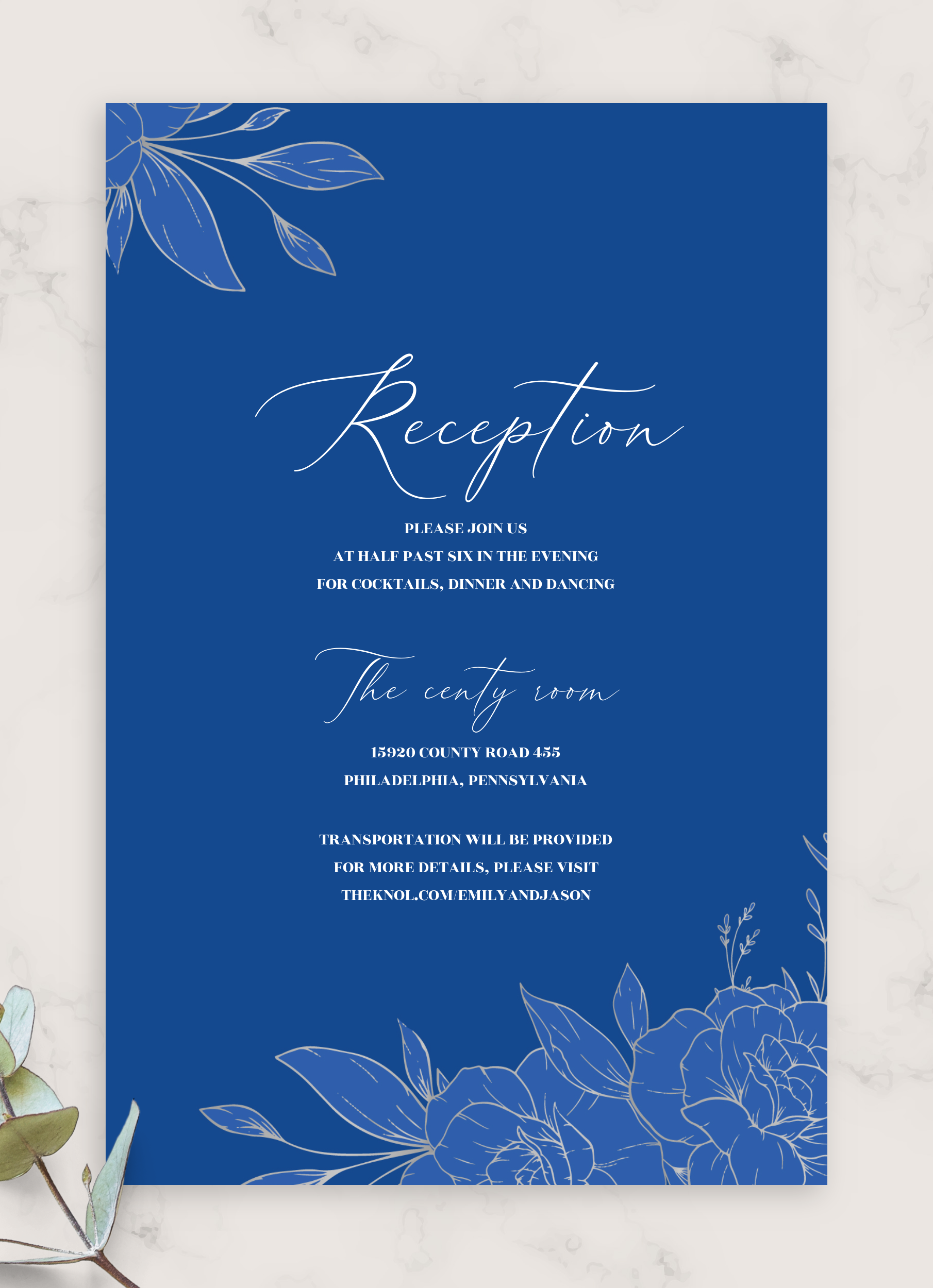 Download Printable Royal Blue and Silver Wedding Reception Card PDF