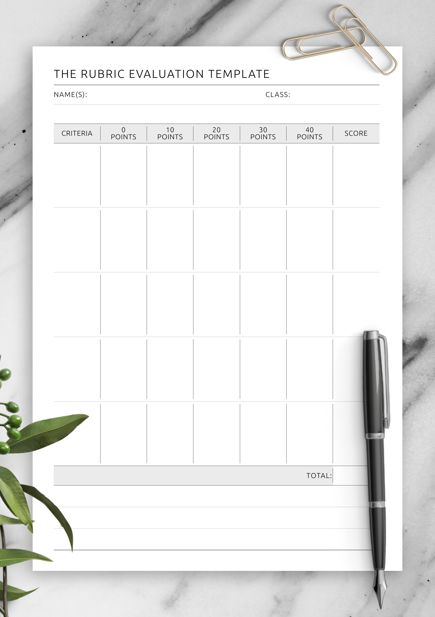 Download Printable Rubric Evaluation Template with Notes PDF