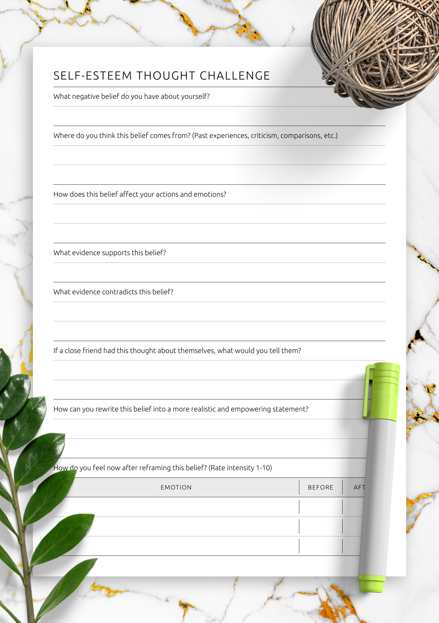 Self-Esteem Thought Worksheet – Challenge Negative Thinking