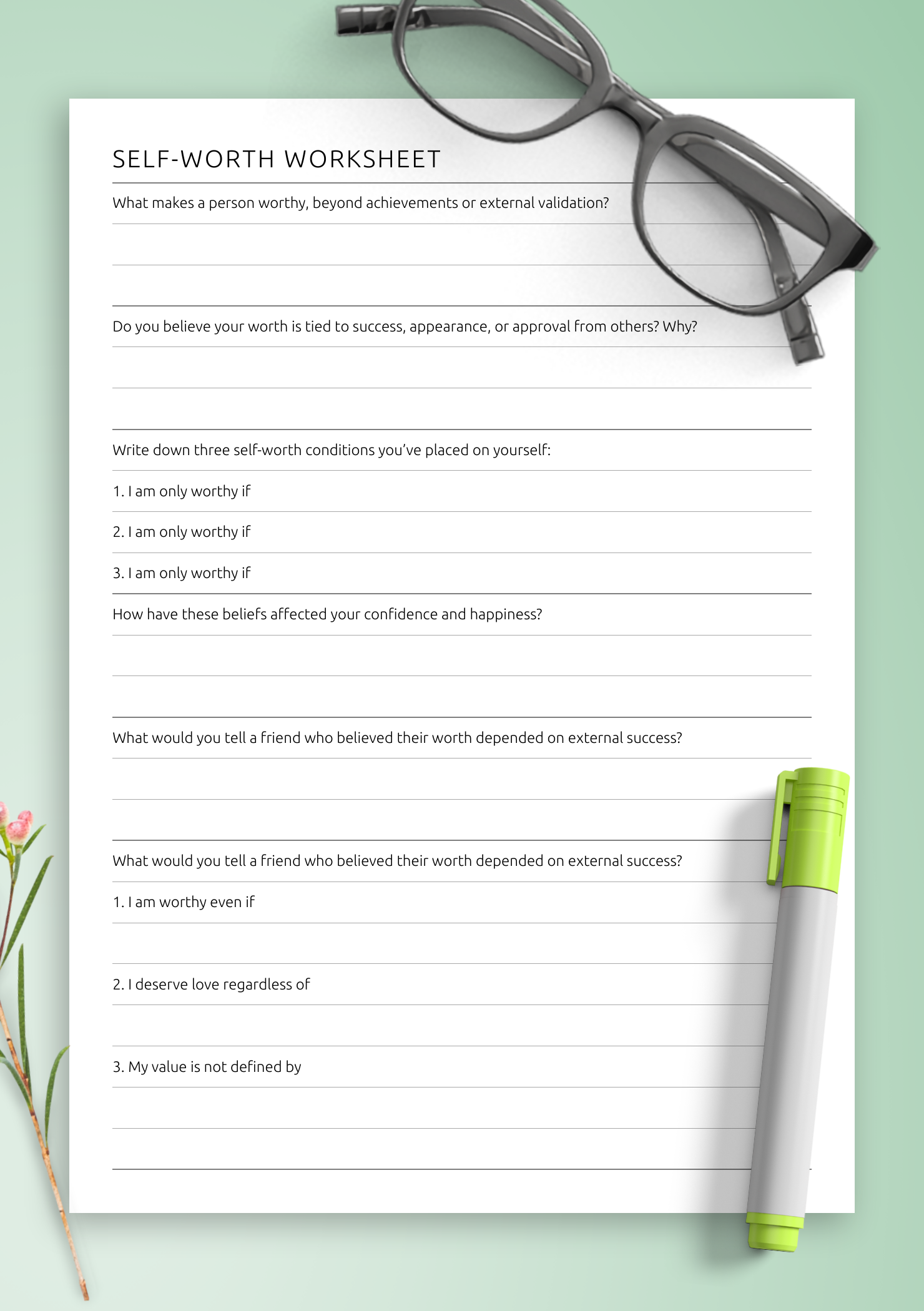 Self-Worth Worksheet – Boost Confidence & Self-Esteem Daily