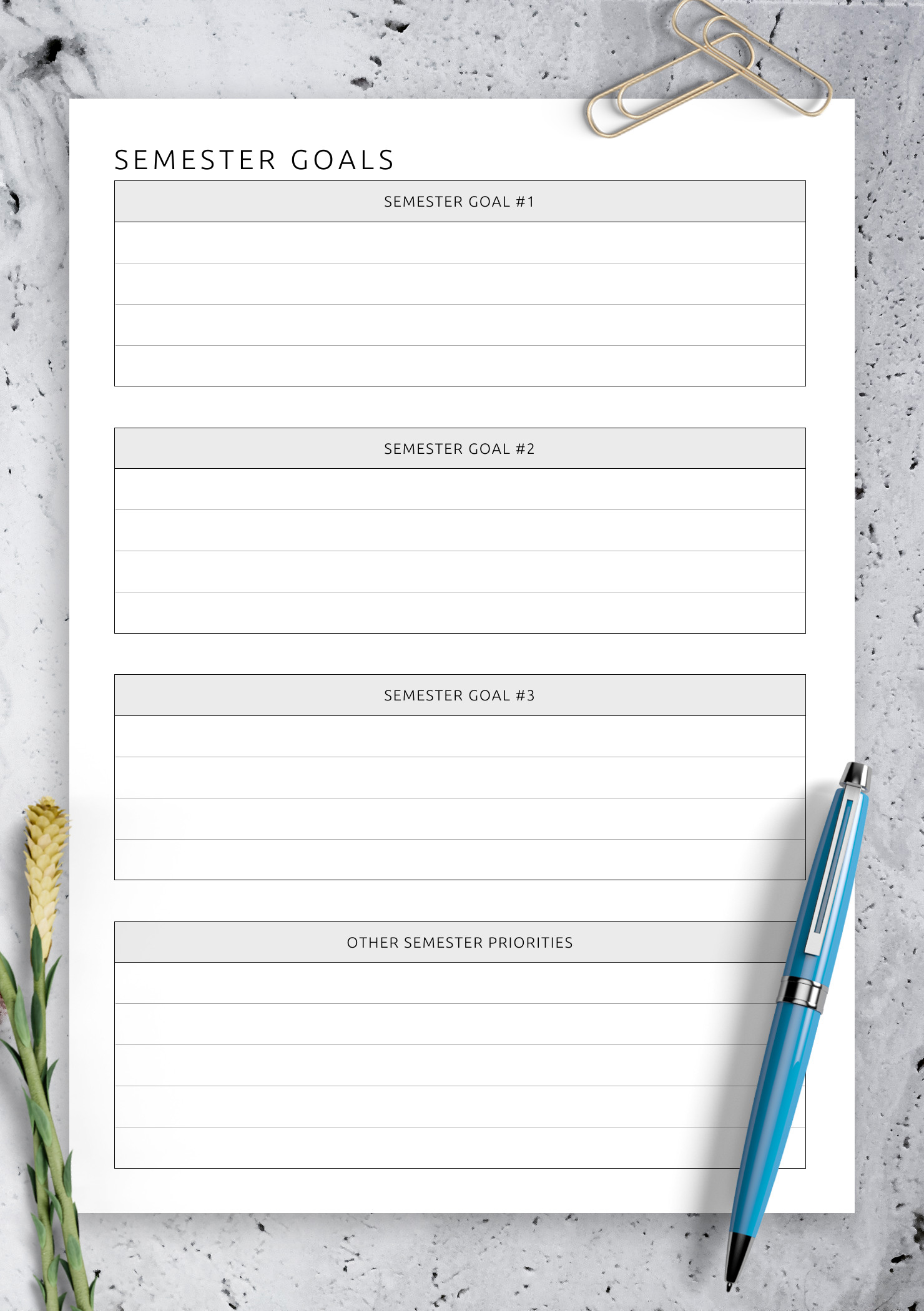 Download Printable Semester Goals Template PDF