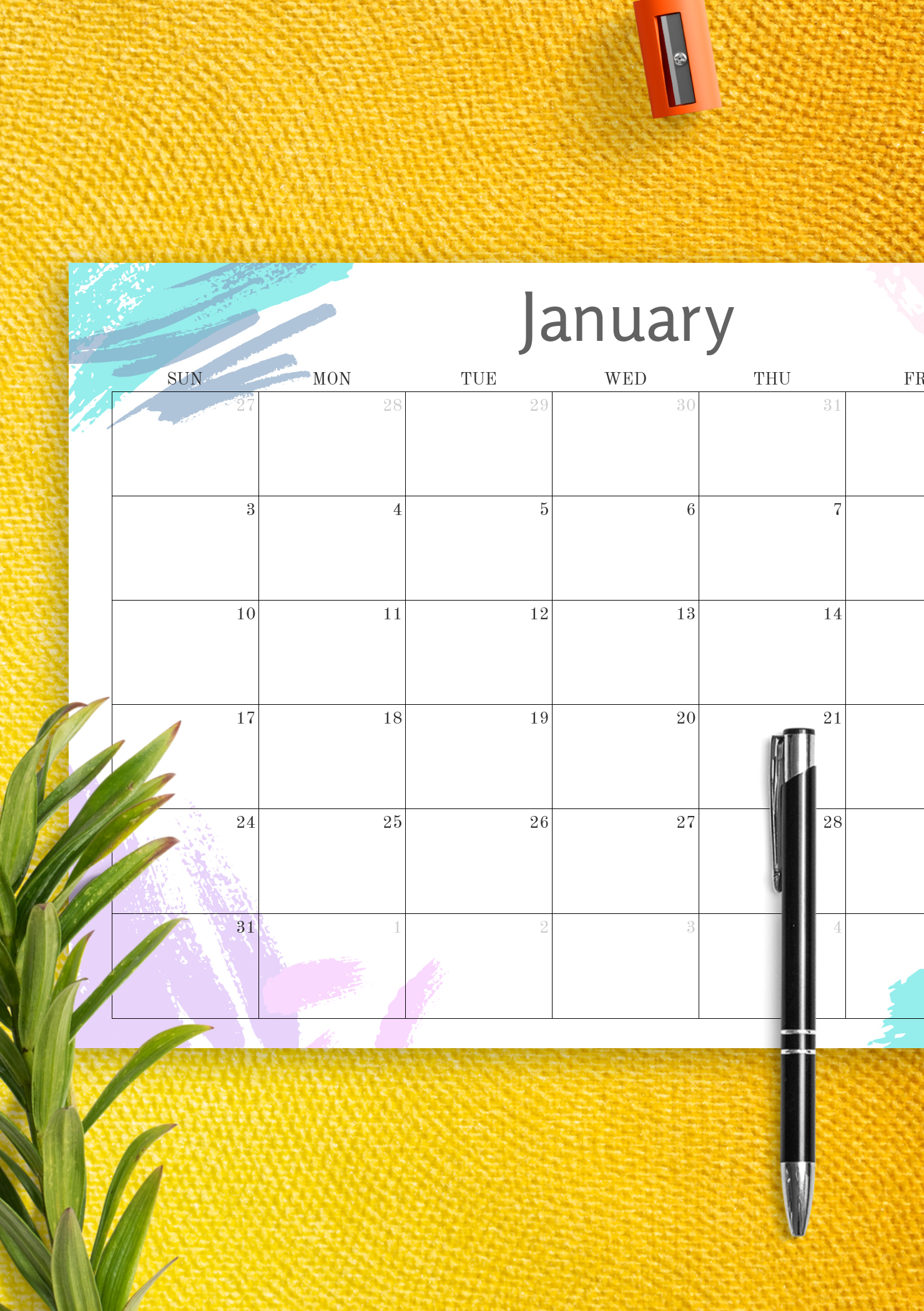 Download Printable Simple Colored Monthly Calendar PDF