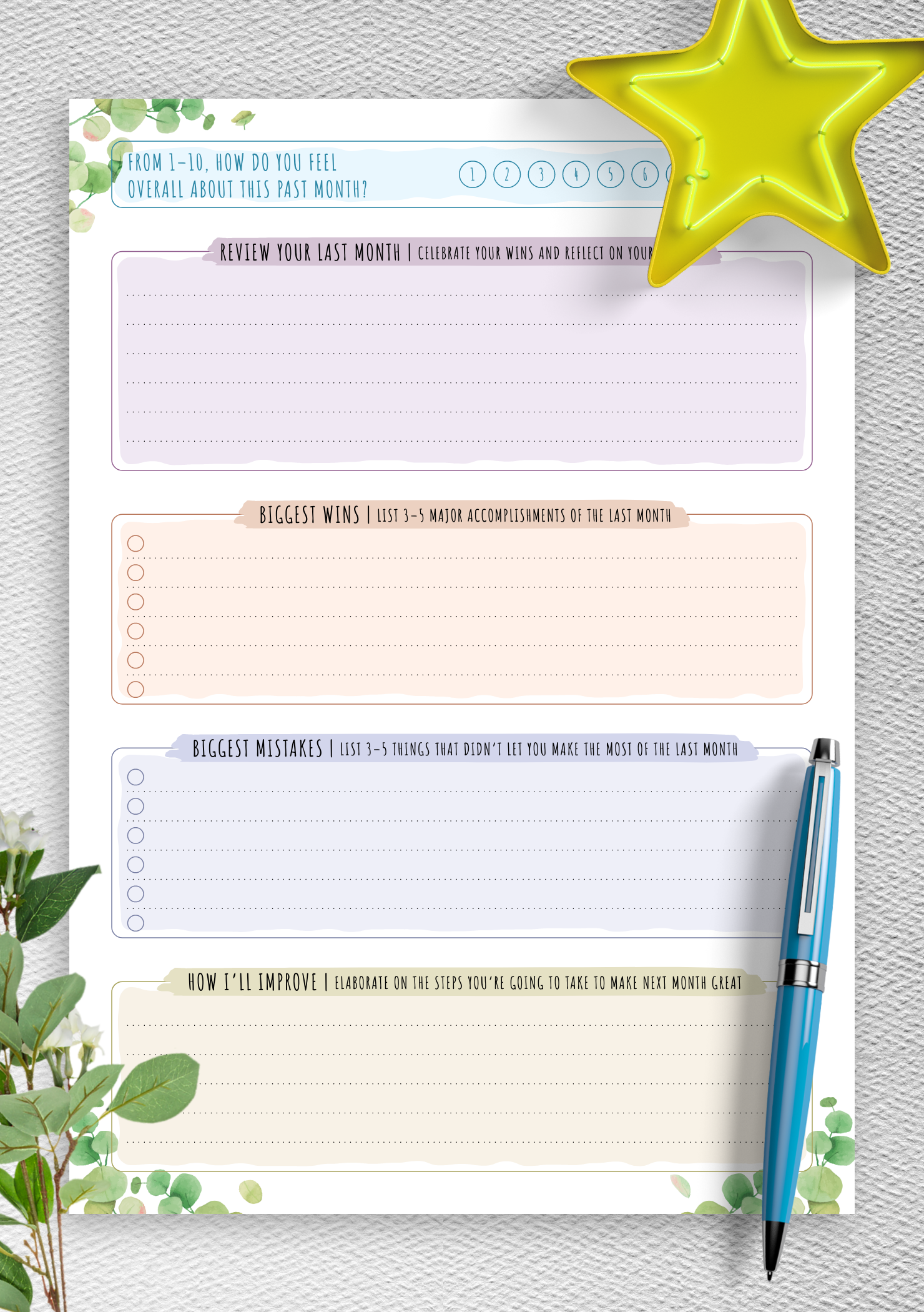 Download Printable Simple Monthly Goal Review Template - Floral Style PDF