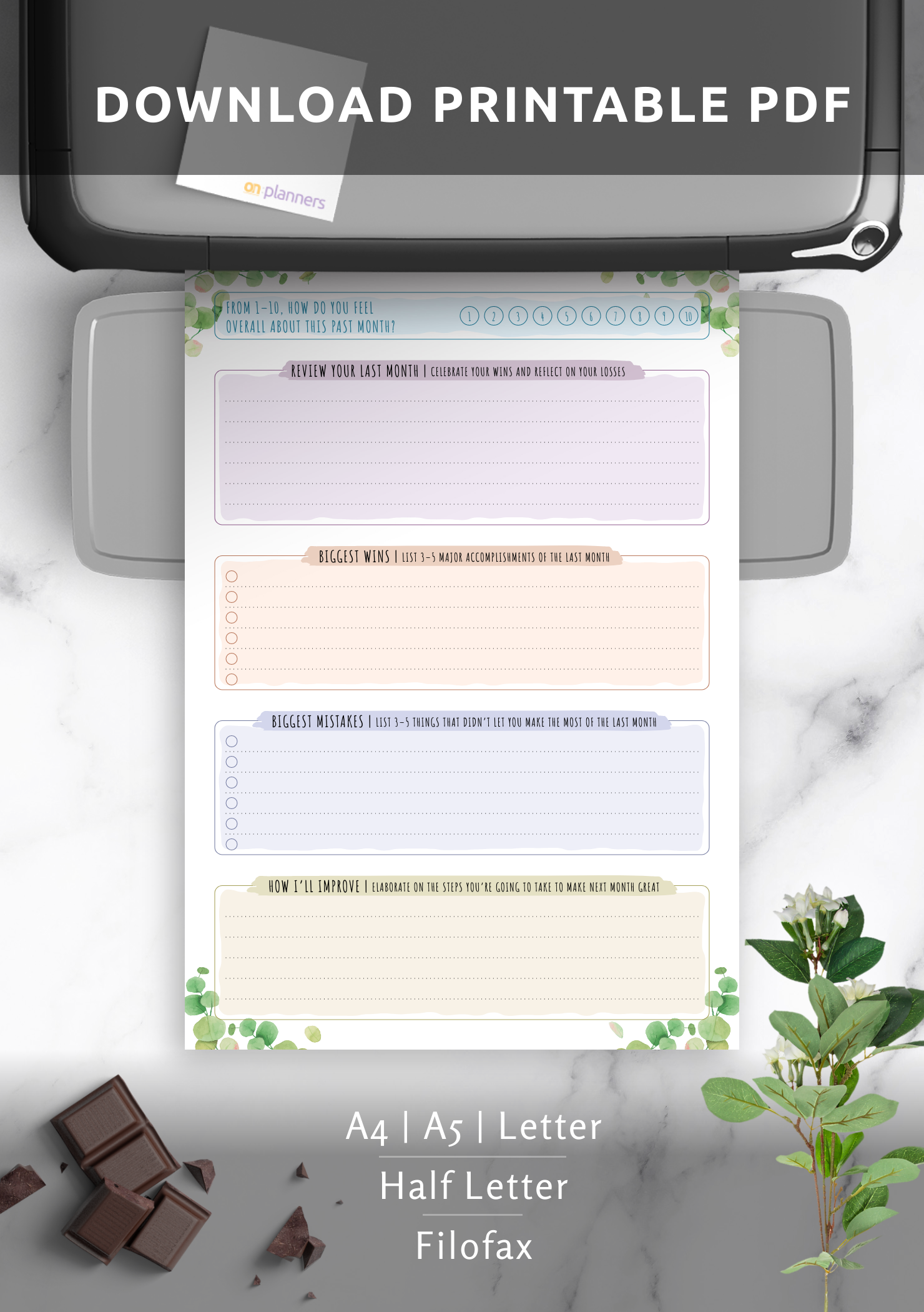 Download Printable Simple Monthly Goal Review Template - Floral Style PDF