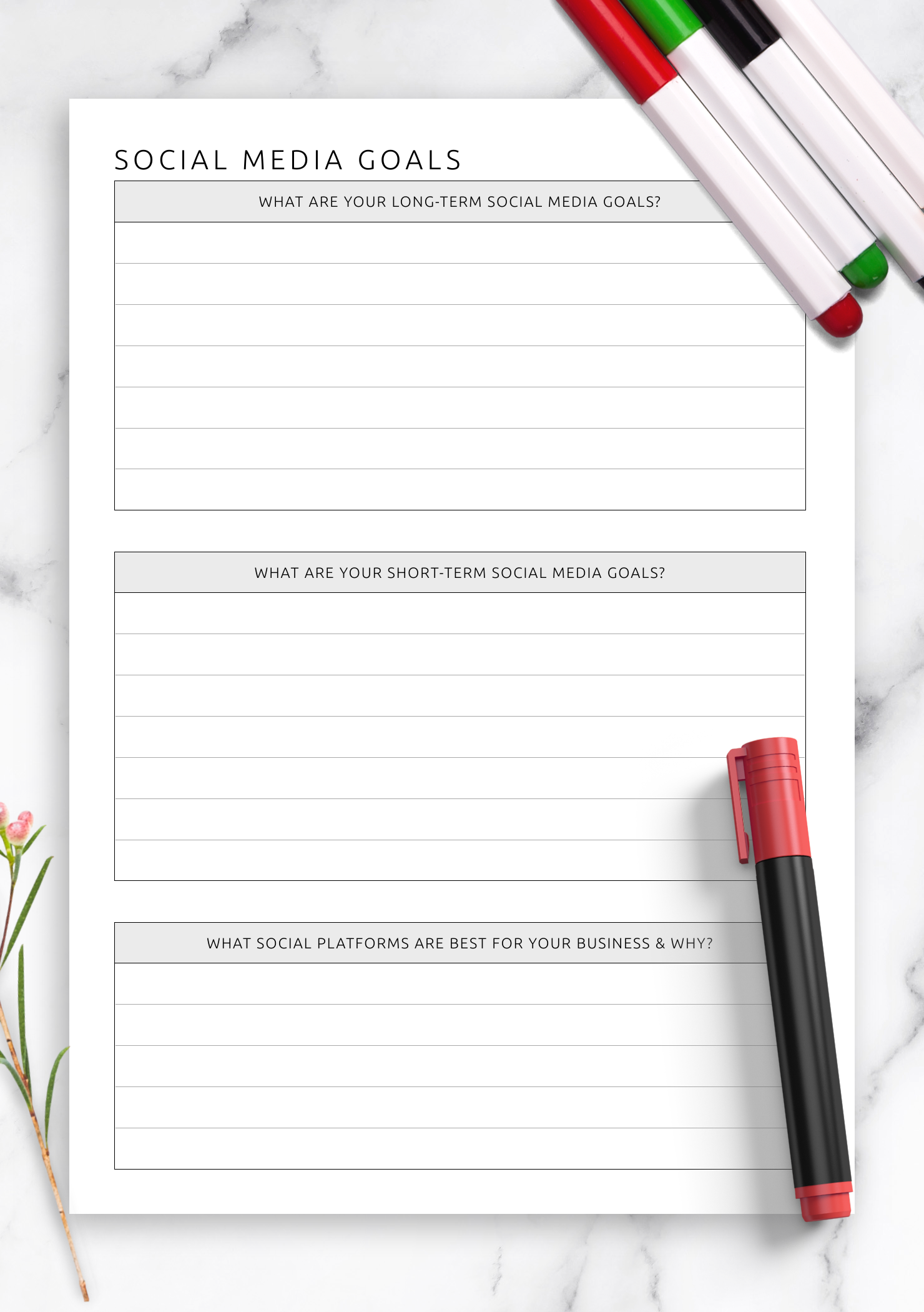 Download Printable Social Media Goals Template PDF