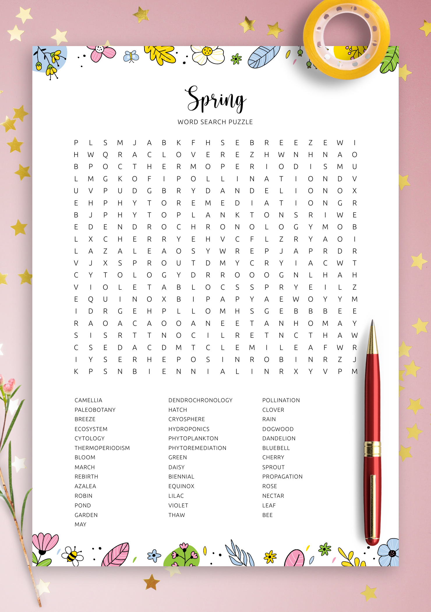 Download Printable Spring Word Search Template PDF