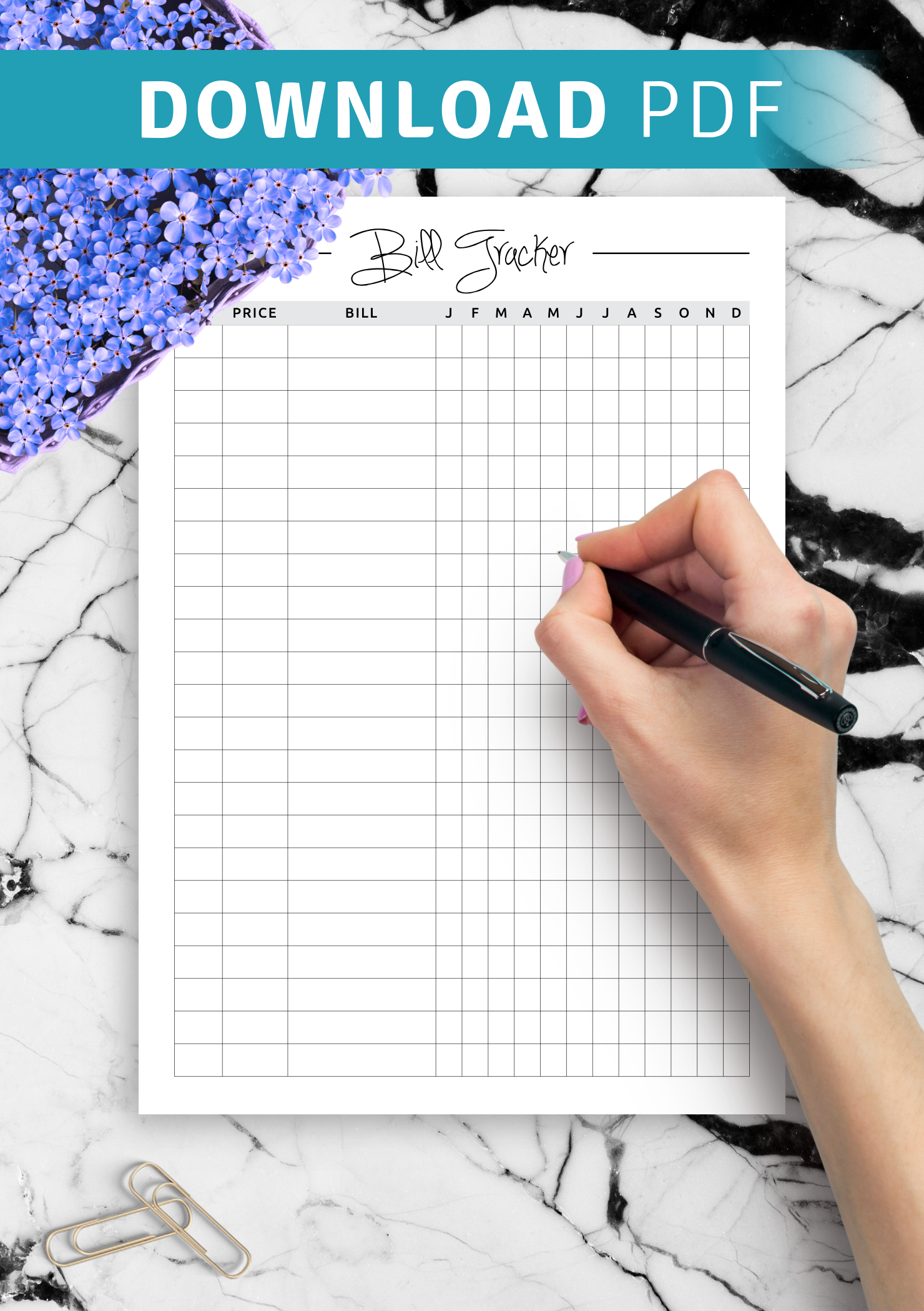 Download Printable Square grid monthly bill tracker PDF