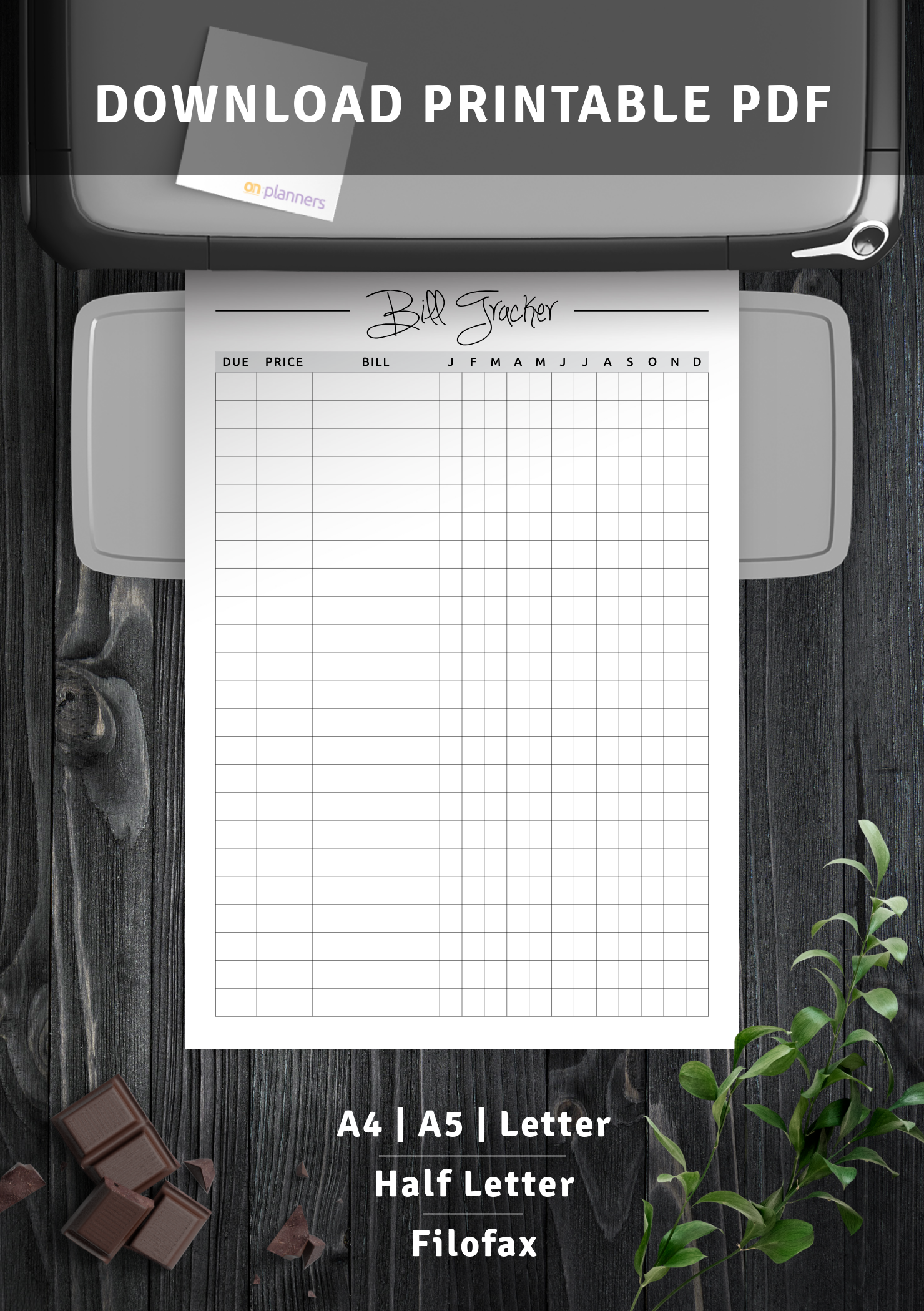 Download Printable Square grid monthly bill tracker PDF