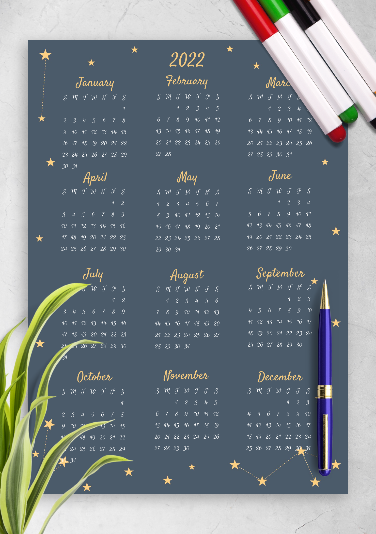 Download Printable Starry Sky Yearly Calendar PDF