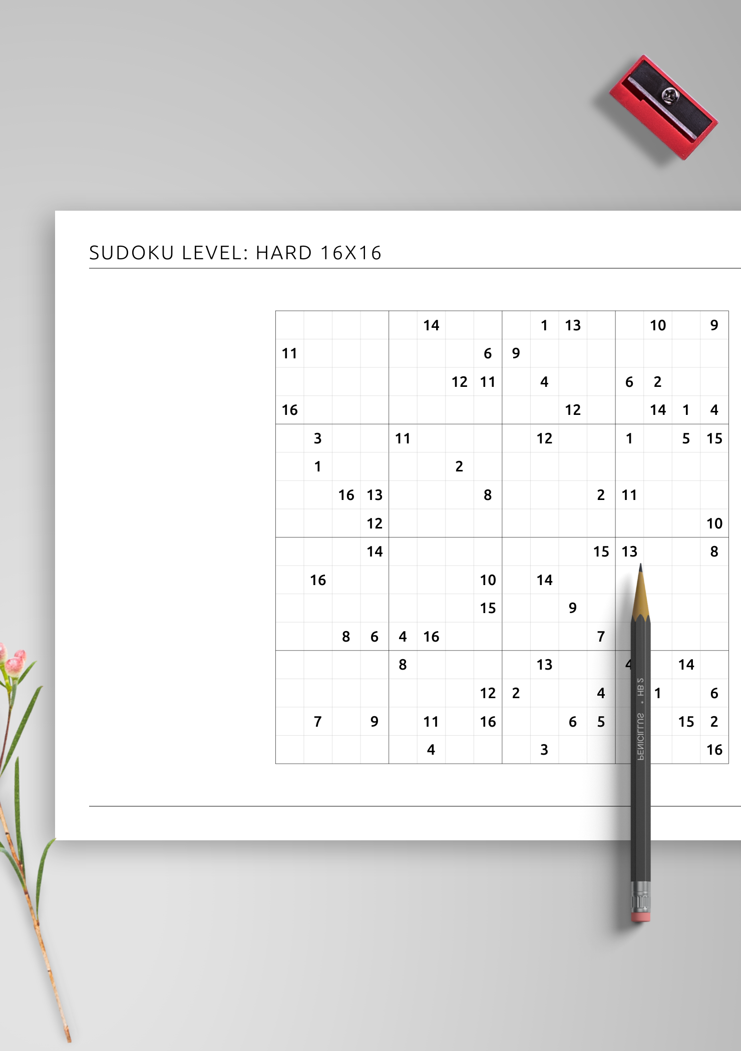 Download Printable 16x16 Hard Sudoku – Horizontal PDF