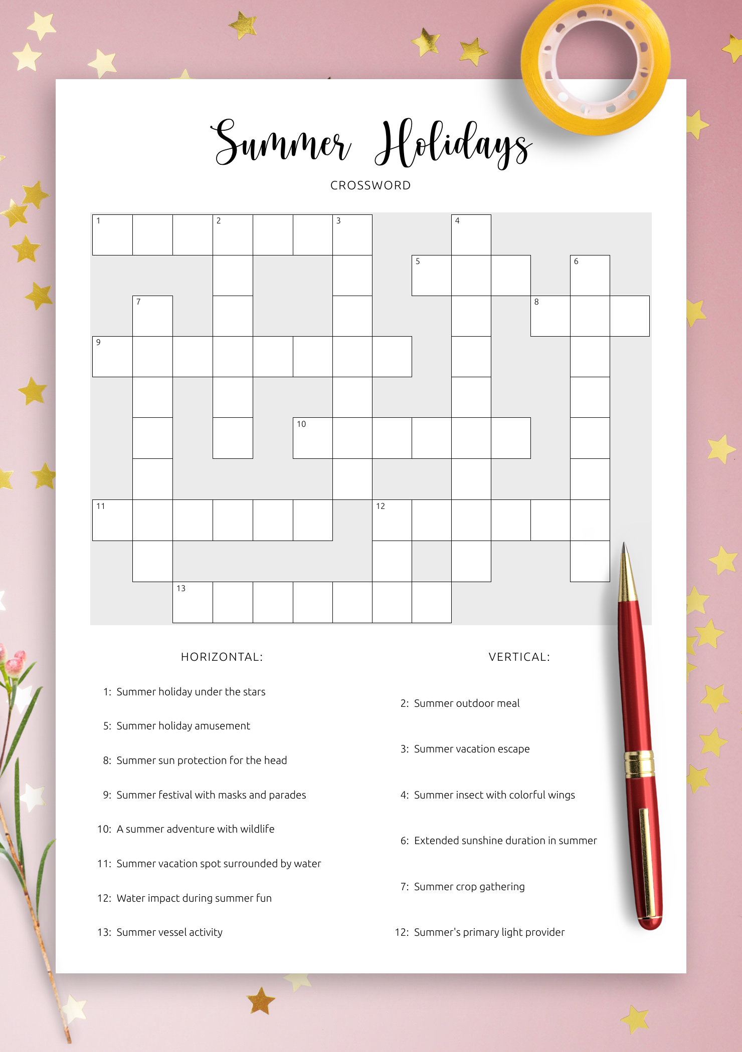 Download Printable Summer Holidays Crossword Puzzle PDF – Sun and Fun