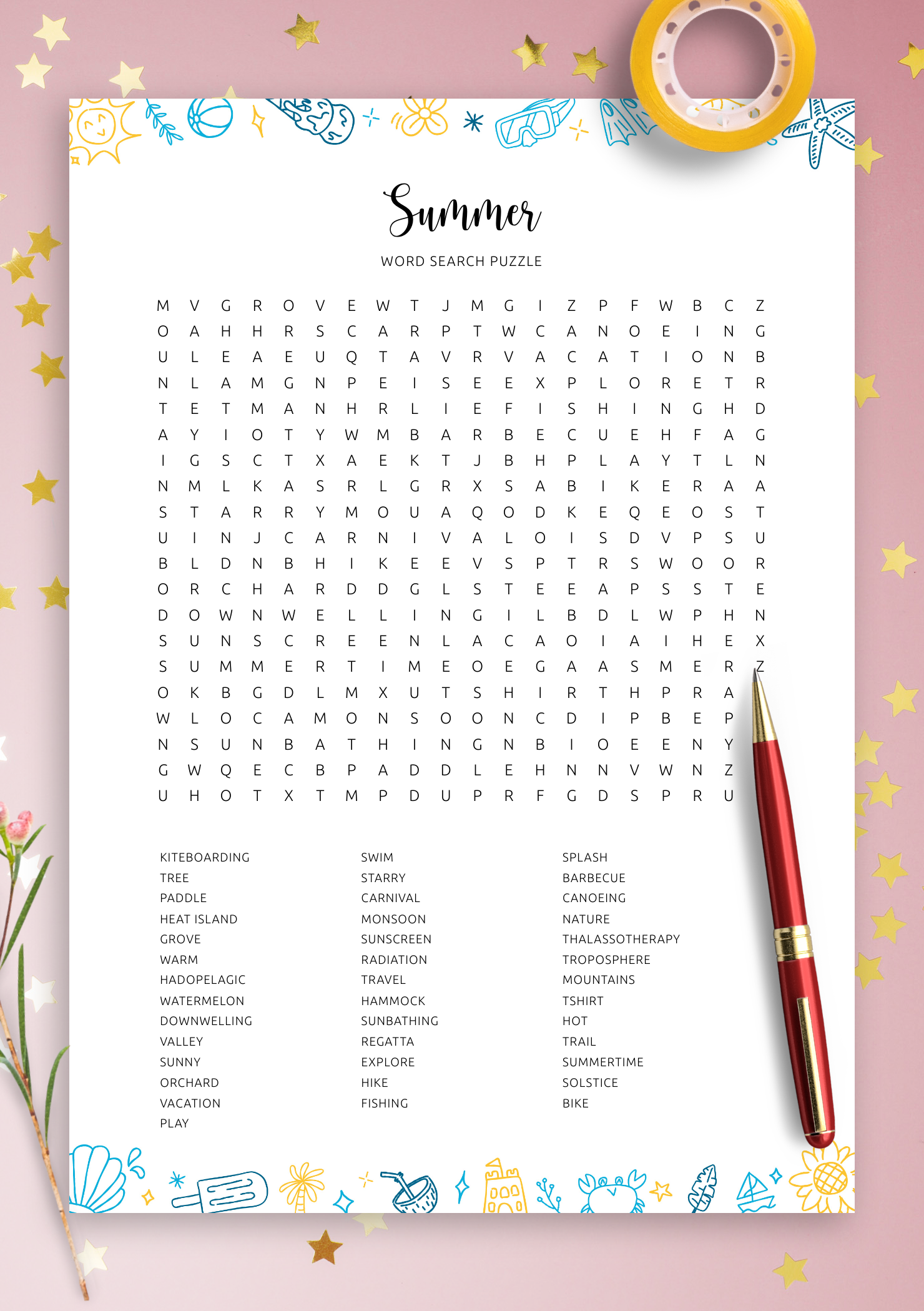 Download Summer Word Search Puzzle Printable PDF