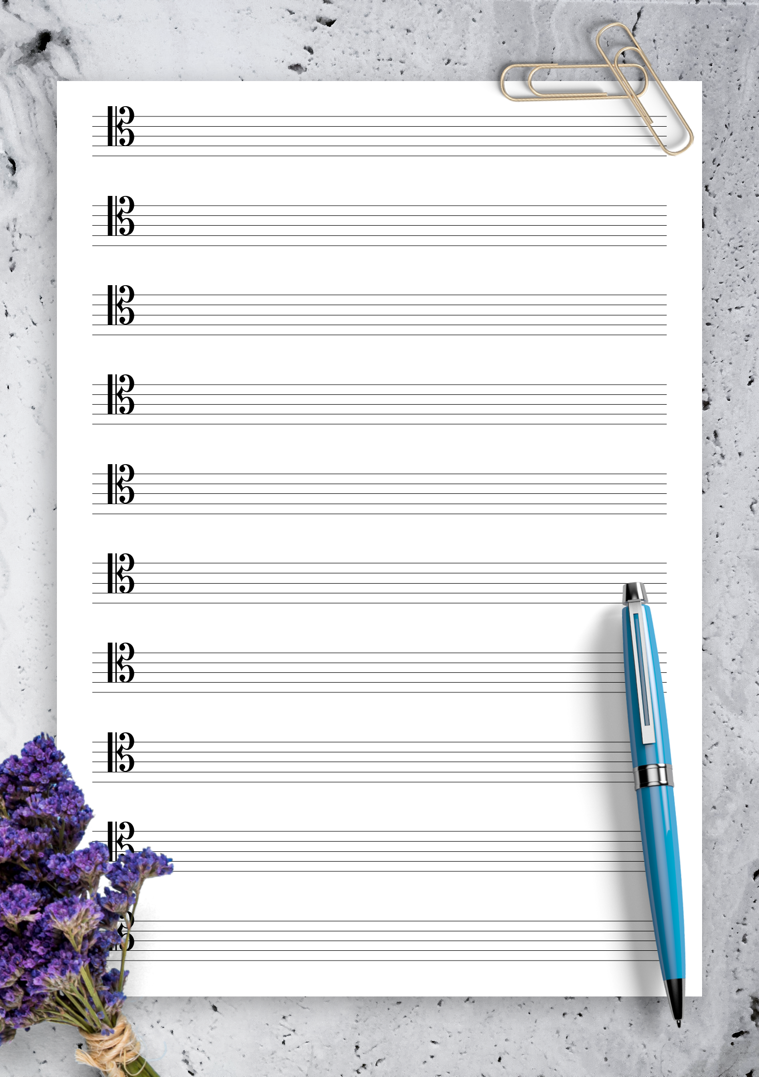 Download Tenor Clef (C) Staff Paper – Printable Blank Music Sheet PDF