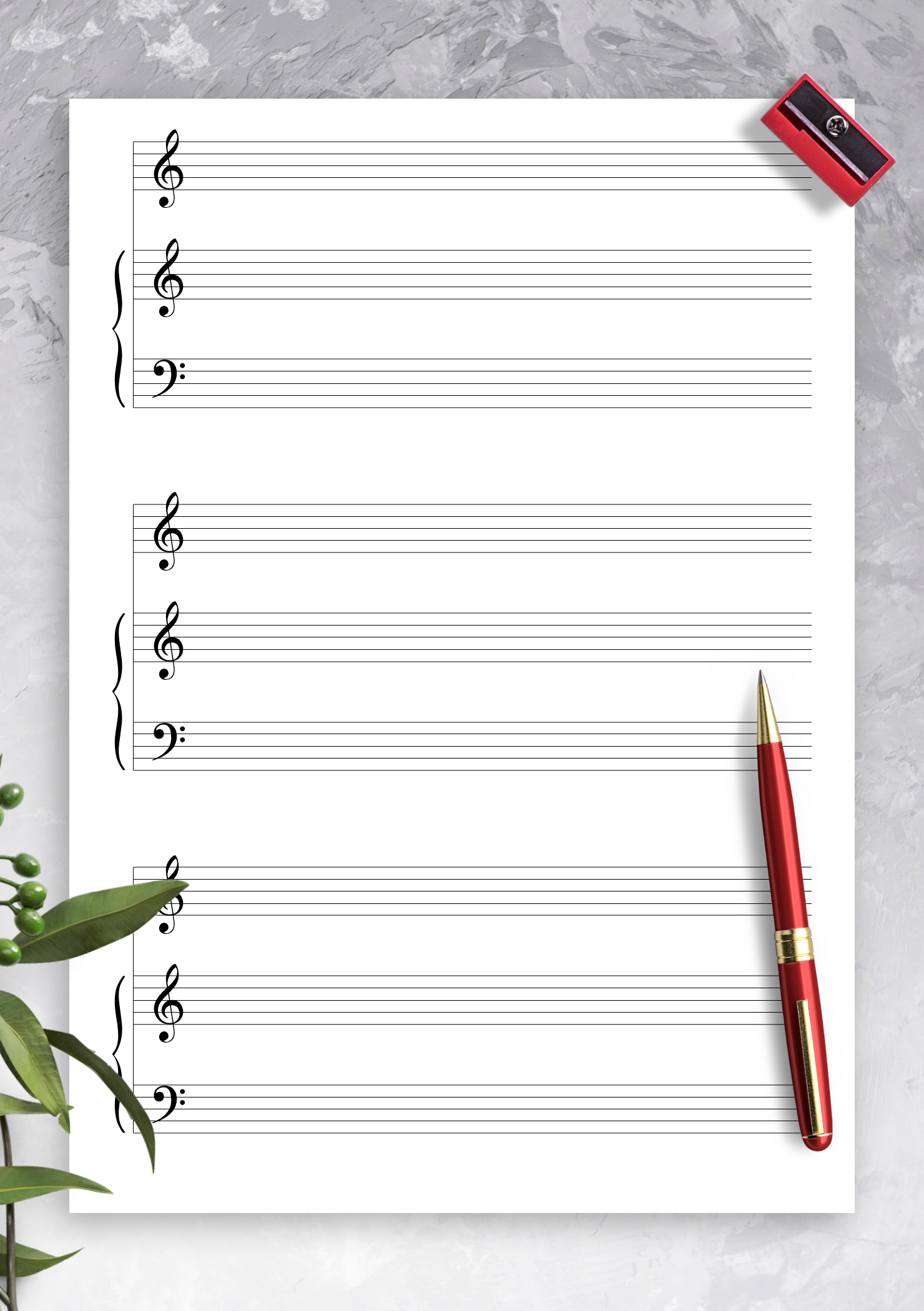 Download Three-Staff Piano Sheet – Treble + Grand Staff Layout (Printable)