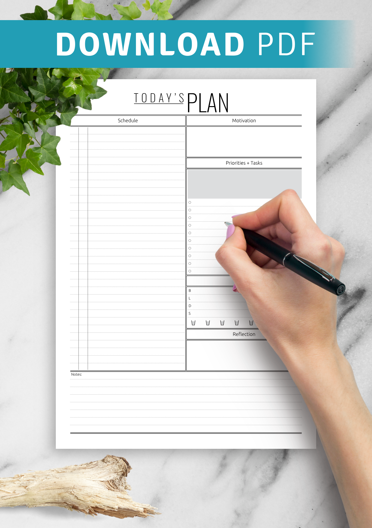 Download Printable Today's Plan template with hourly schedule PDF