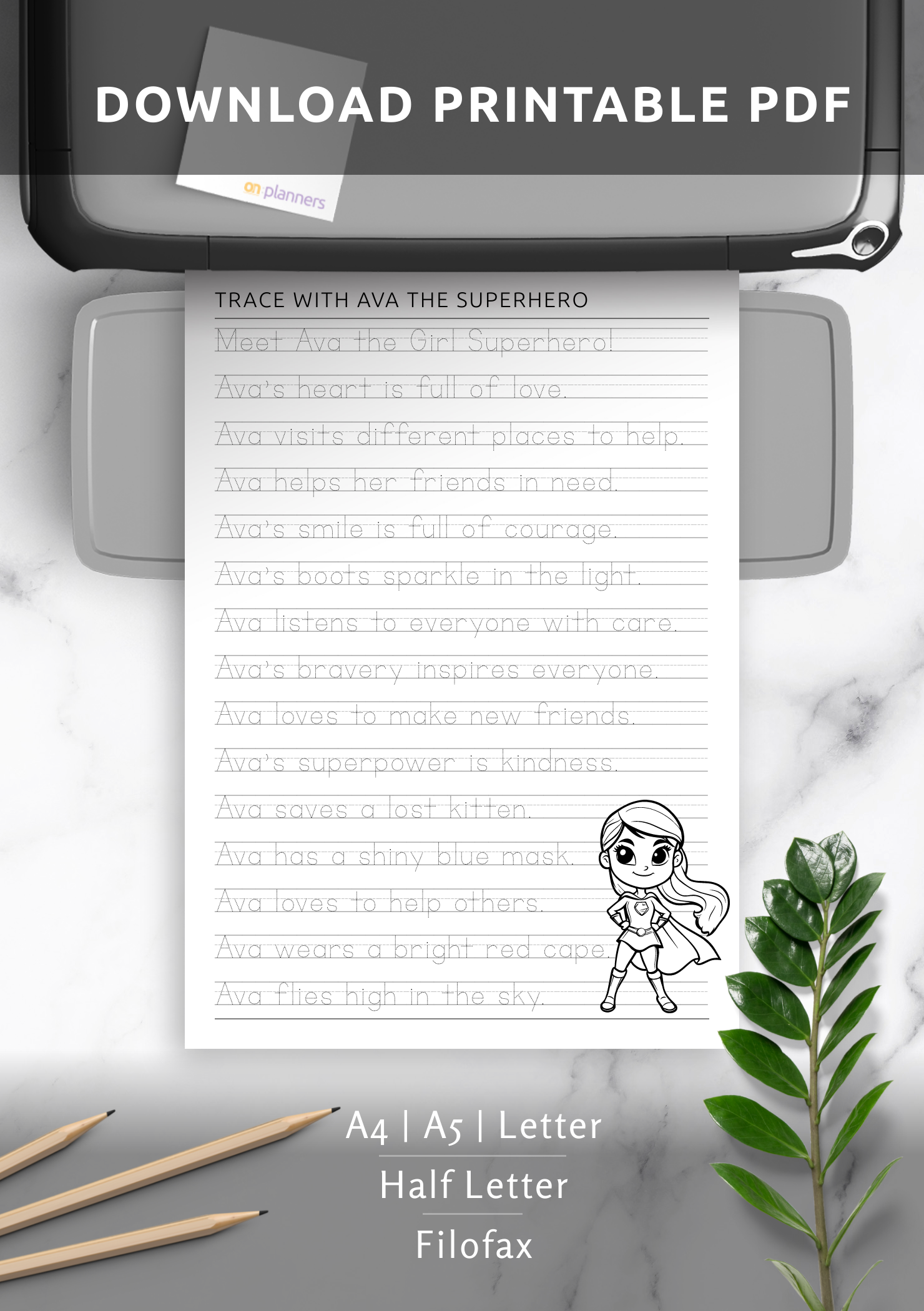 Download Trace & Write with Ava the Superhero Printable PDF