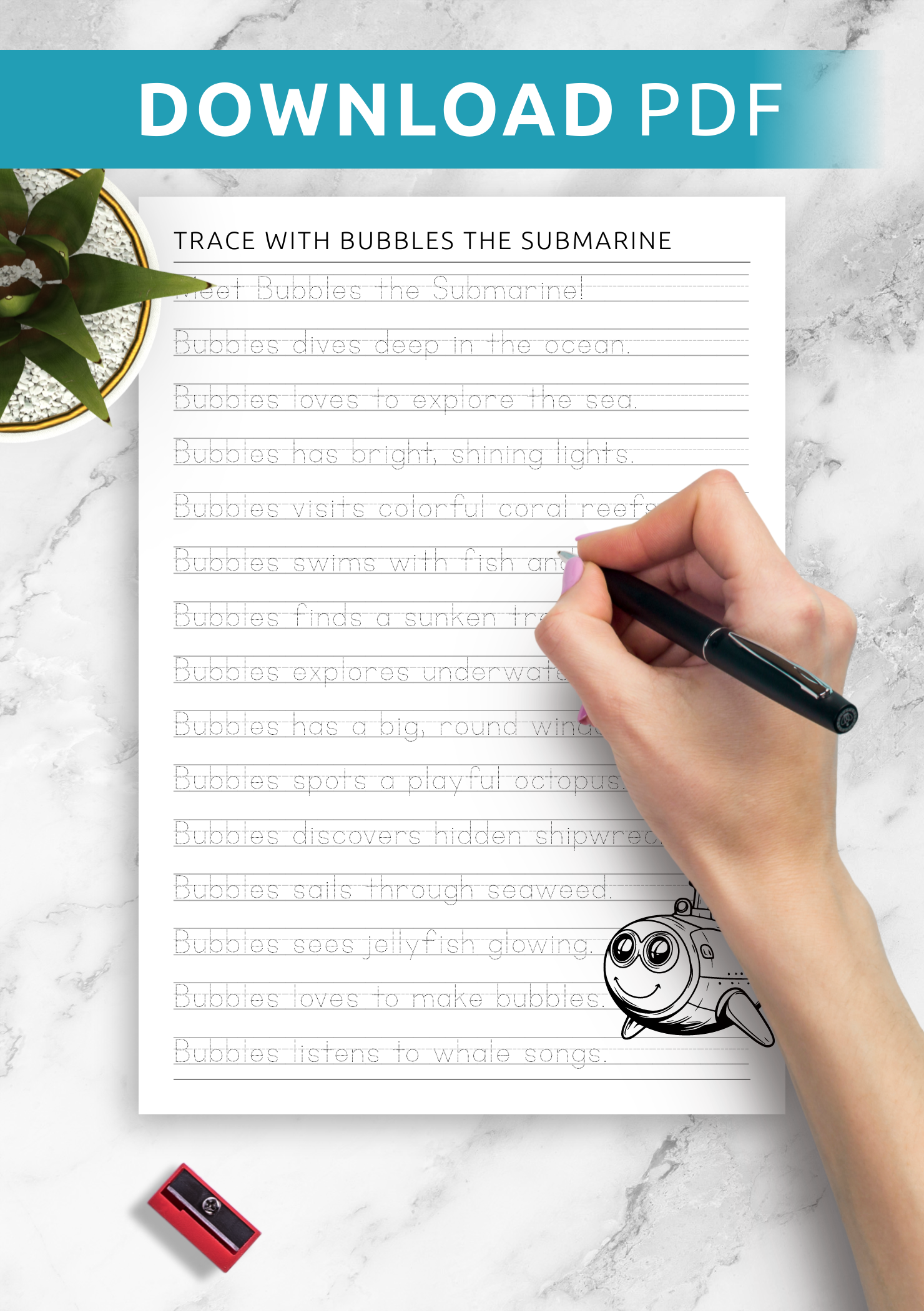 Download Trace & Write with Bubbles the Submarine Printable PDF