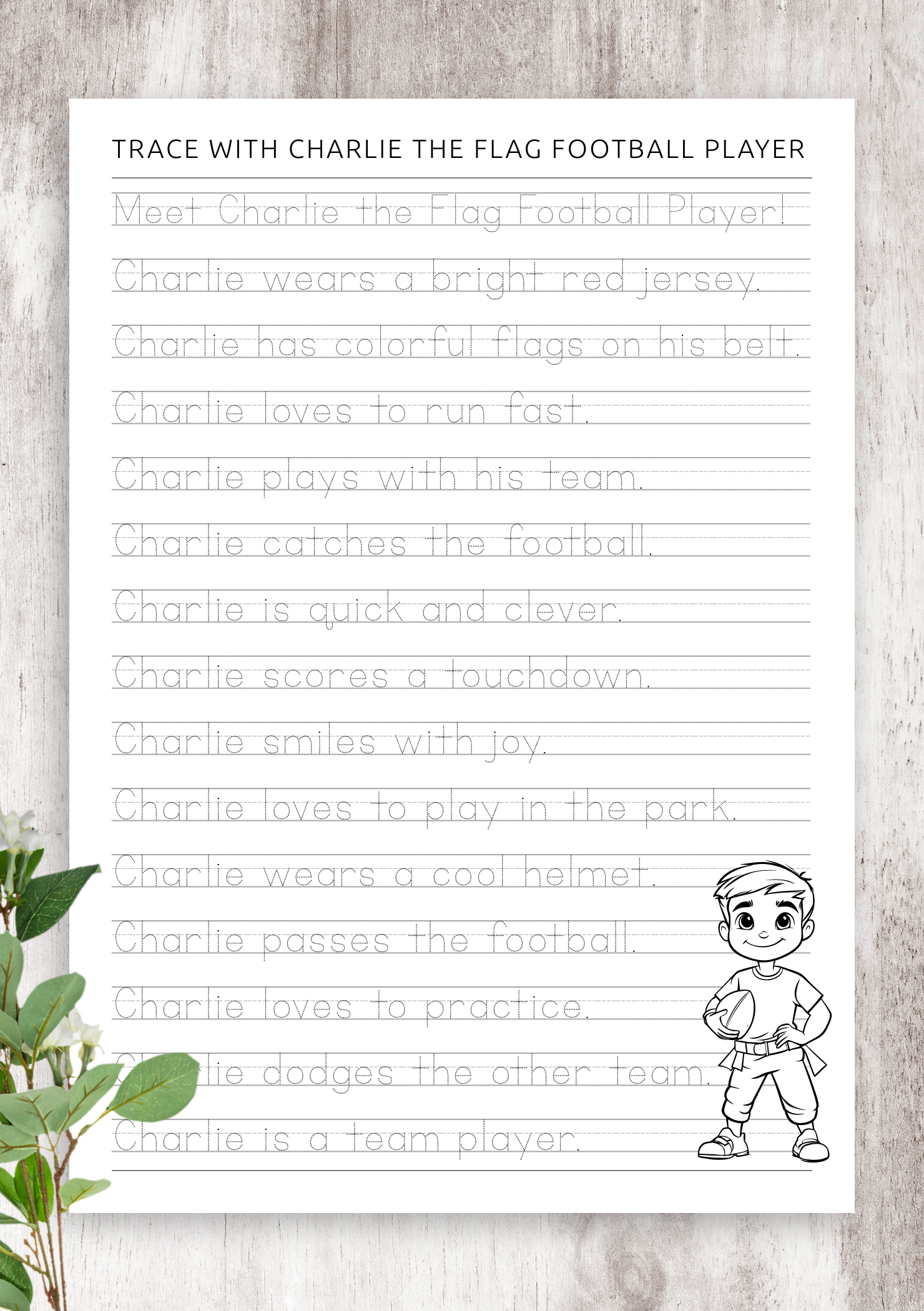 DownloadTrace & Write with Charlie the Flag Football Player Printable PDF
