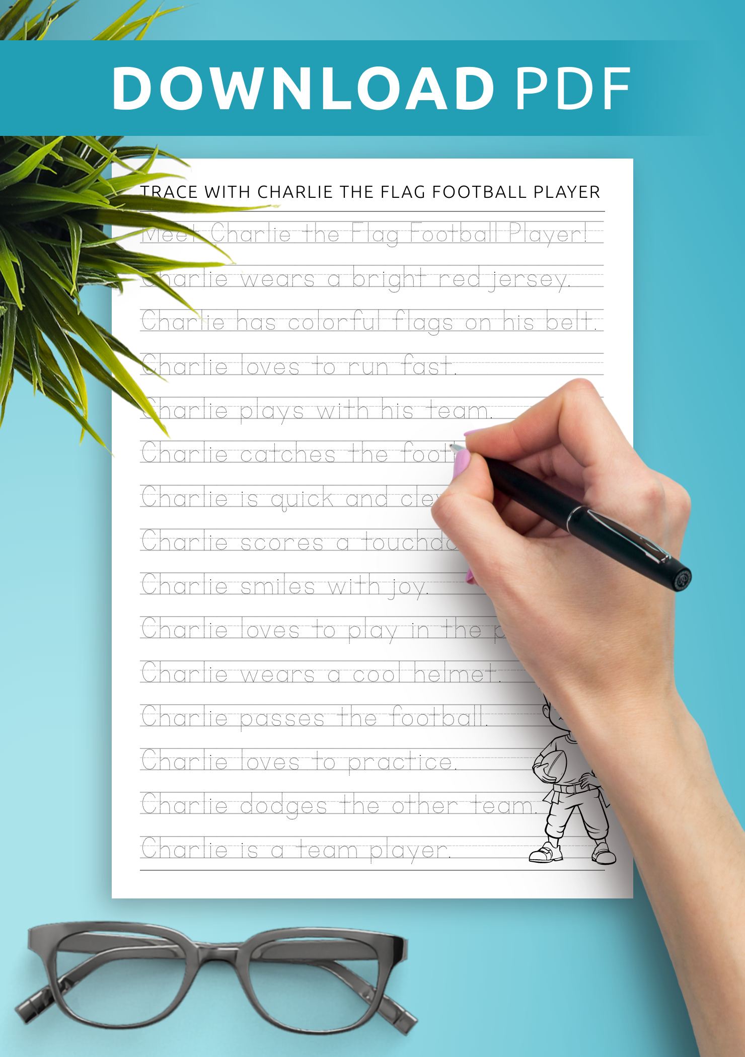 DownloadTrace & Write with Charlie the Flag Football Player Printable PDF