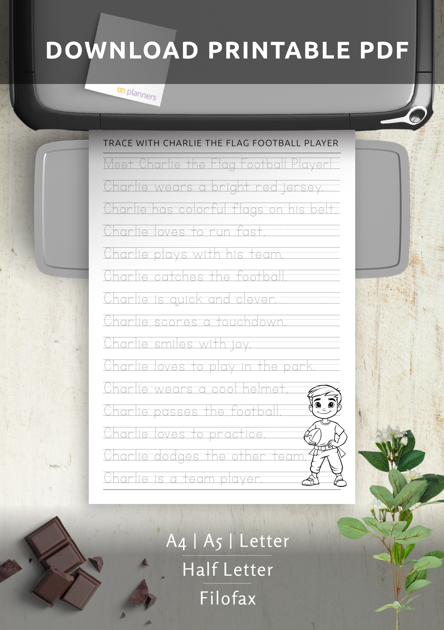 DownloadTrace & Write with Charlie the Flag Football Player Printable PDF