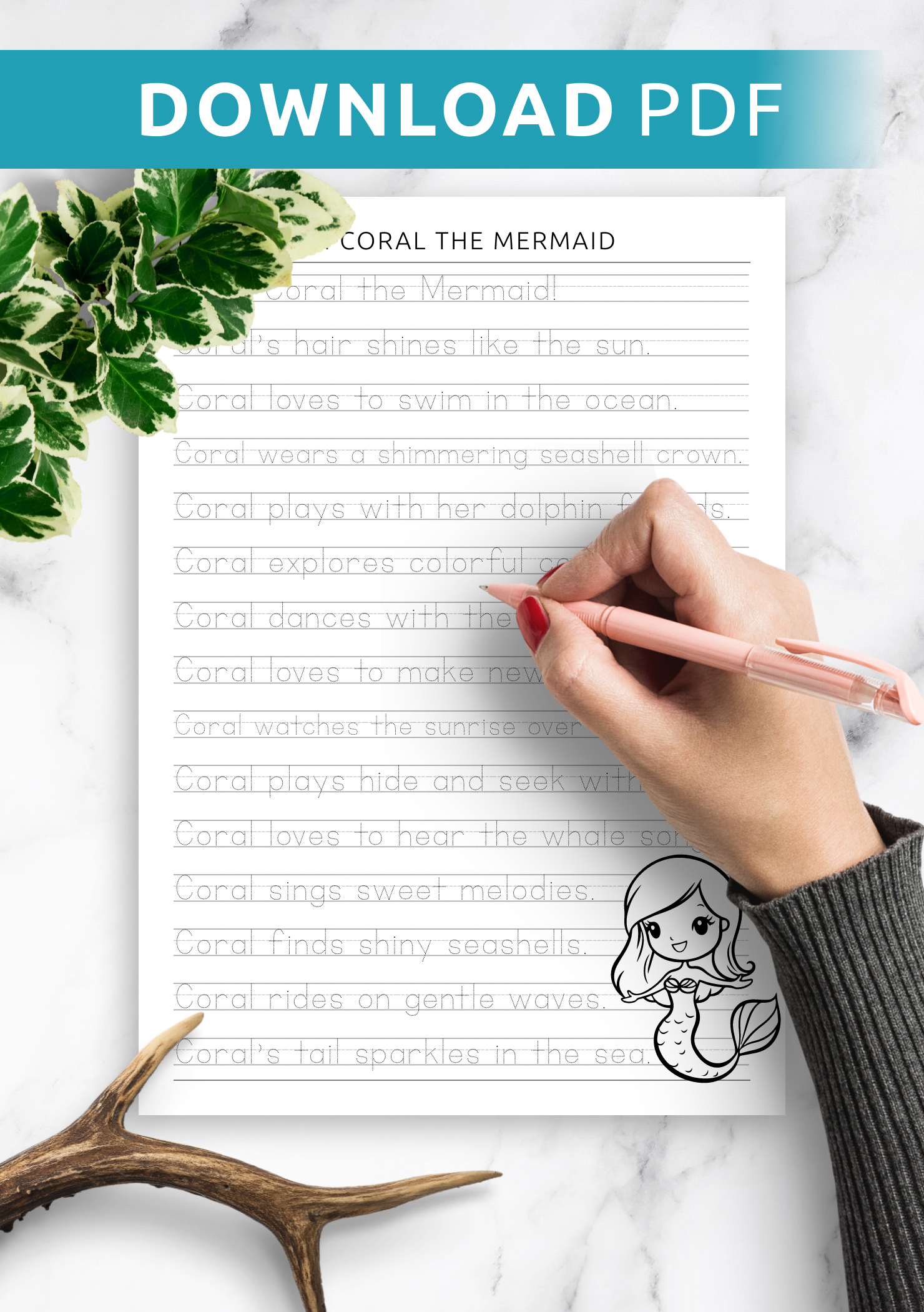Download Trace & Write with Coral the Mermaid Printable PDF