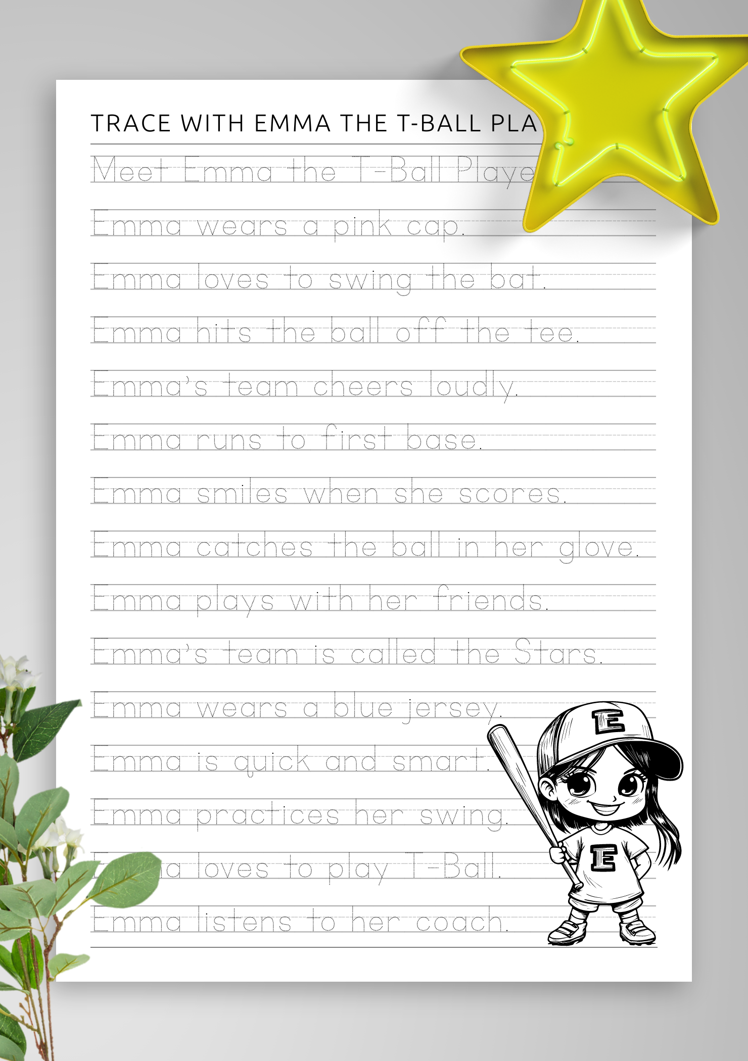 Download Trace & Write with Emma the T-Ball Player Printable PDF
