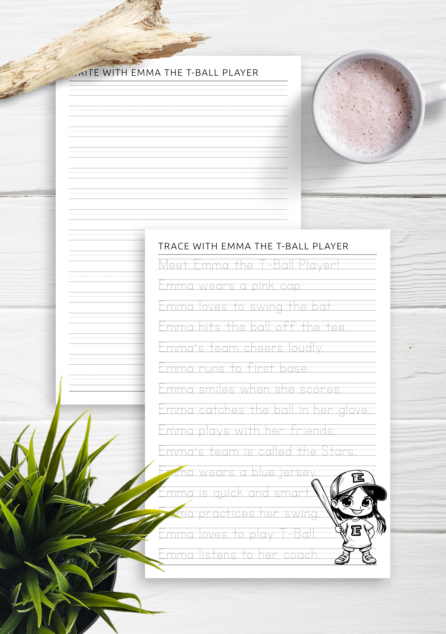 Download Trace & Write with Emma the T-Ball Player Printable PDF