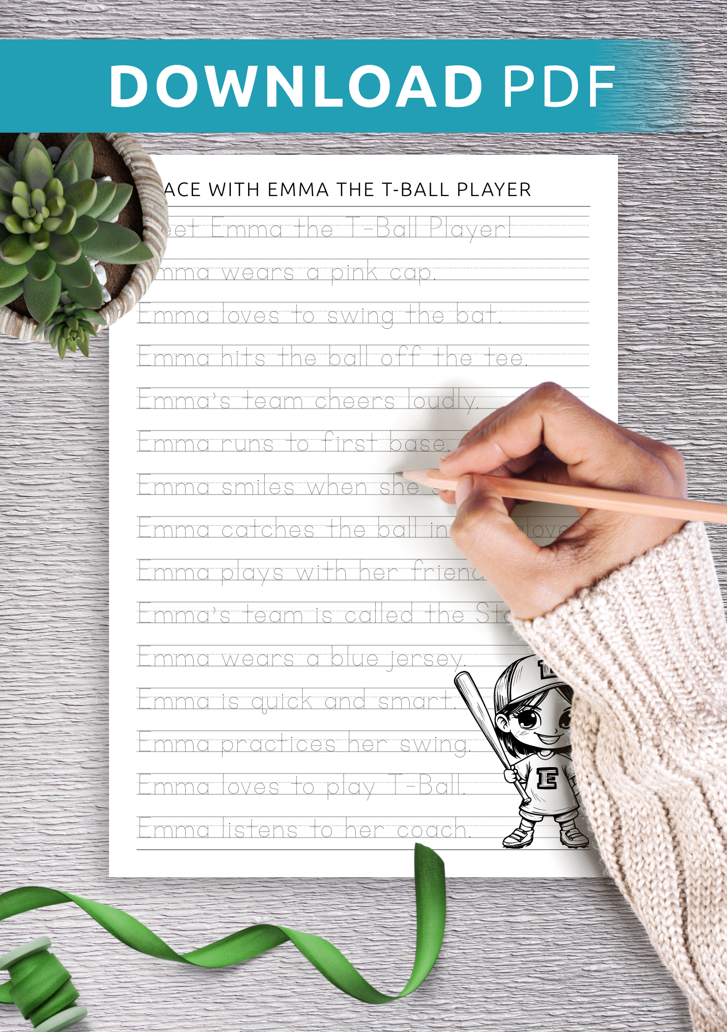 Download Trace & Write with Emma the T-Ball Player Printable PDF