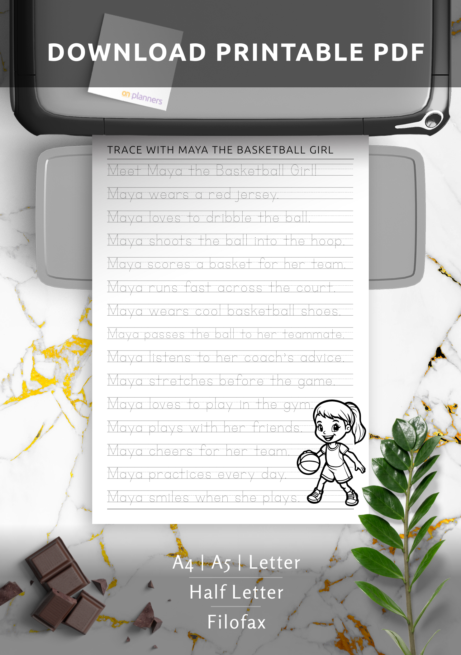 Download Trace & Write with Maya the Basketball Girl Printable PDF