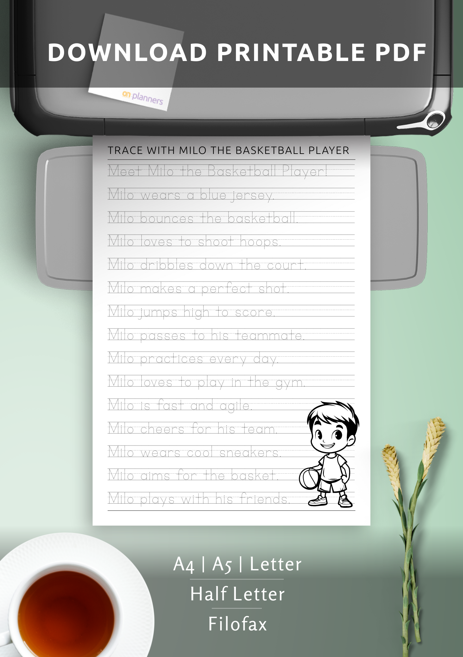 Download Trace & Write with Milo the Basketball Player Printable PDF