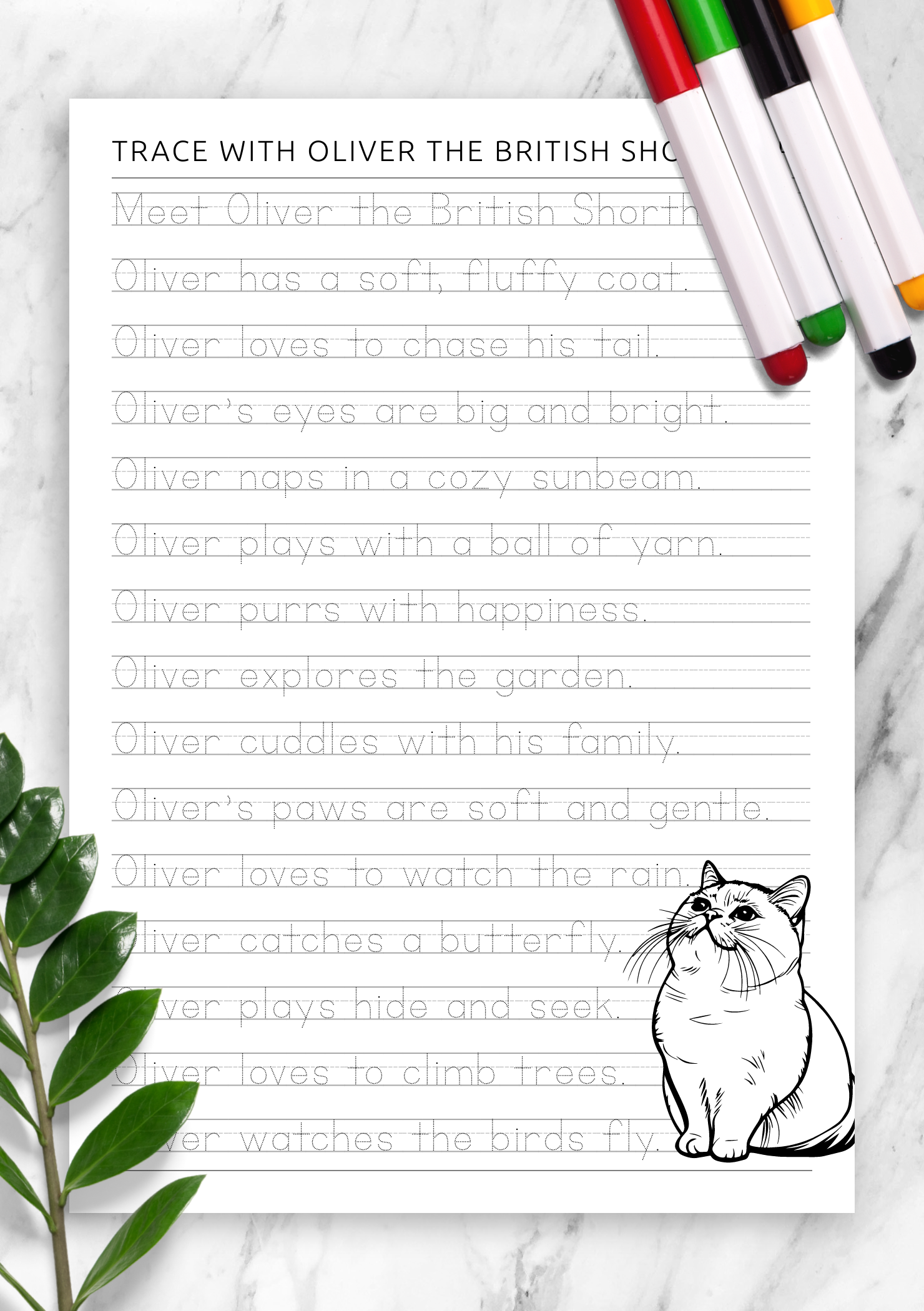 Download Trace & Write with Oliver the British Shorthair Printable PDF