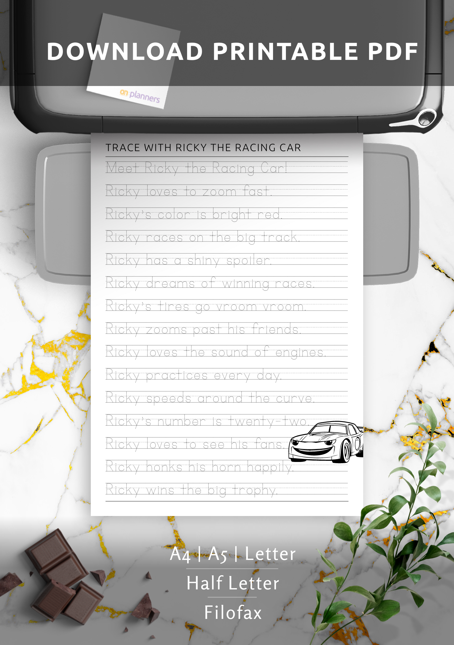 Download Trace & Write with Ricky the Racing Car Printable PDF