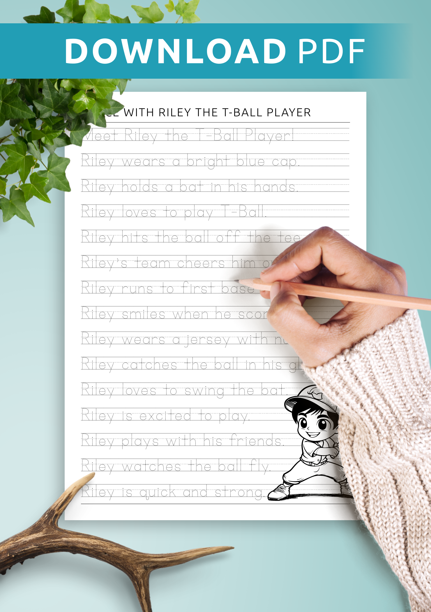 Download Trace & Write with Riley the T-Ball Player Printable PDF