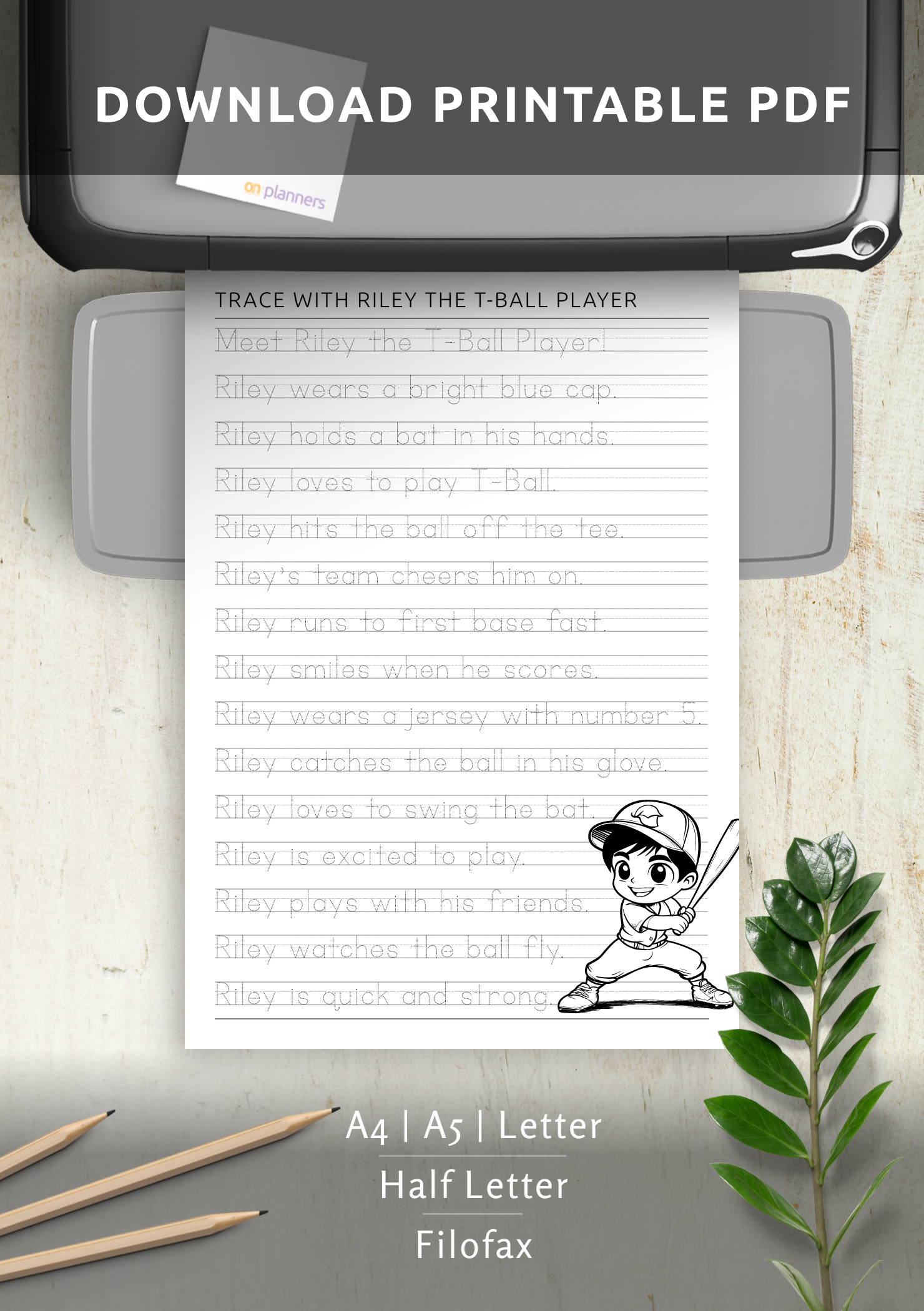 Download Trace & Write with Riley the T-Ball Player Printable PDF