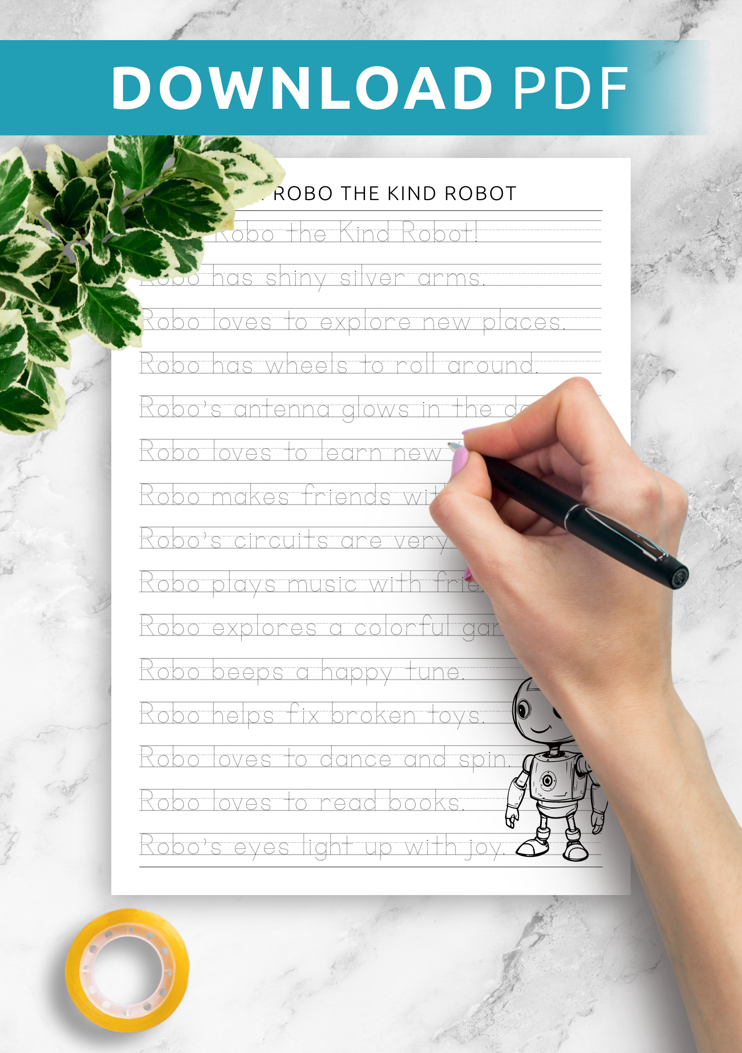 Download Trace & Write with Robo the Kind Robot Printable PDF