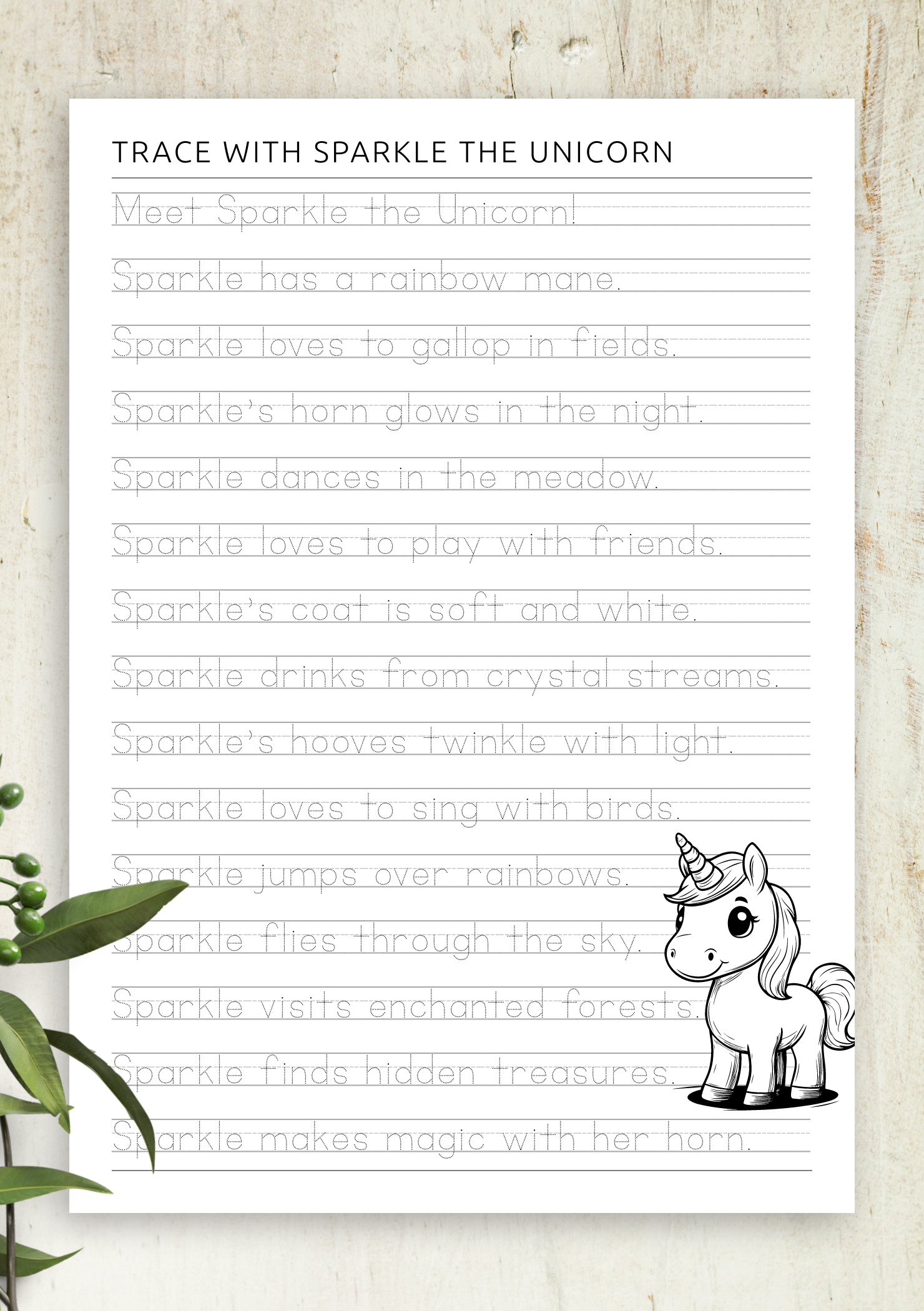Download Trace & Write with Sparkle the Unicorn Printable PDF
