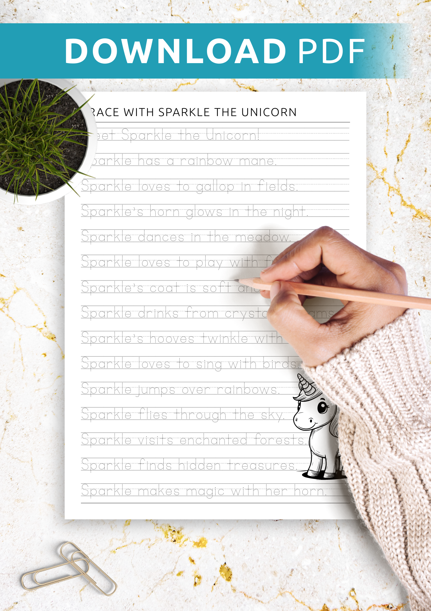 Download Trace & Write with Sparkle the Unicorn Printable PDF