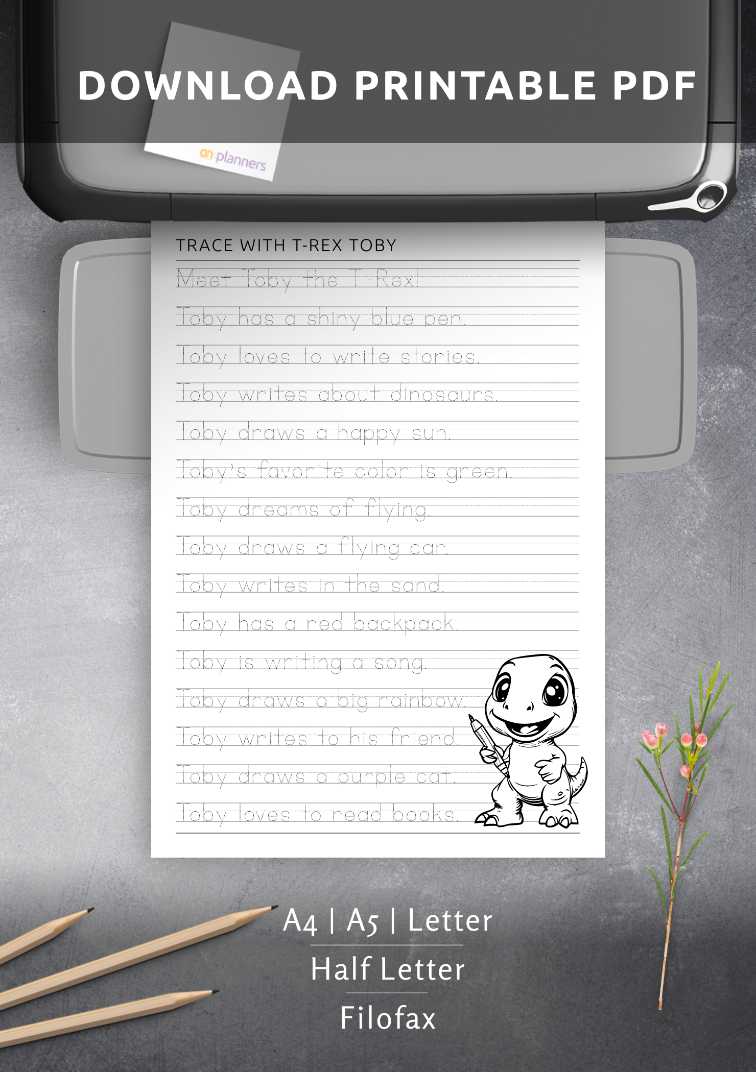 Download Trace & Write with T-Rex Toby Printable PDF