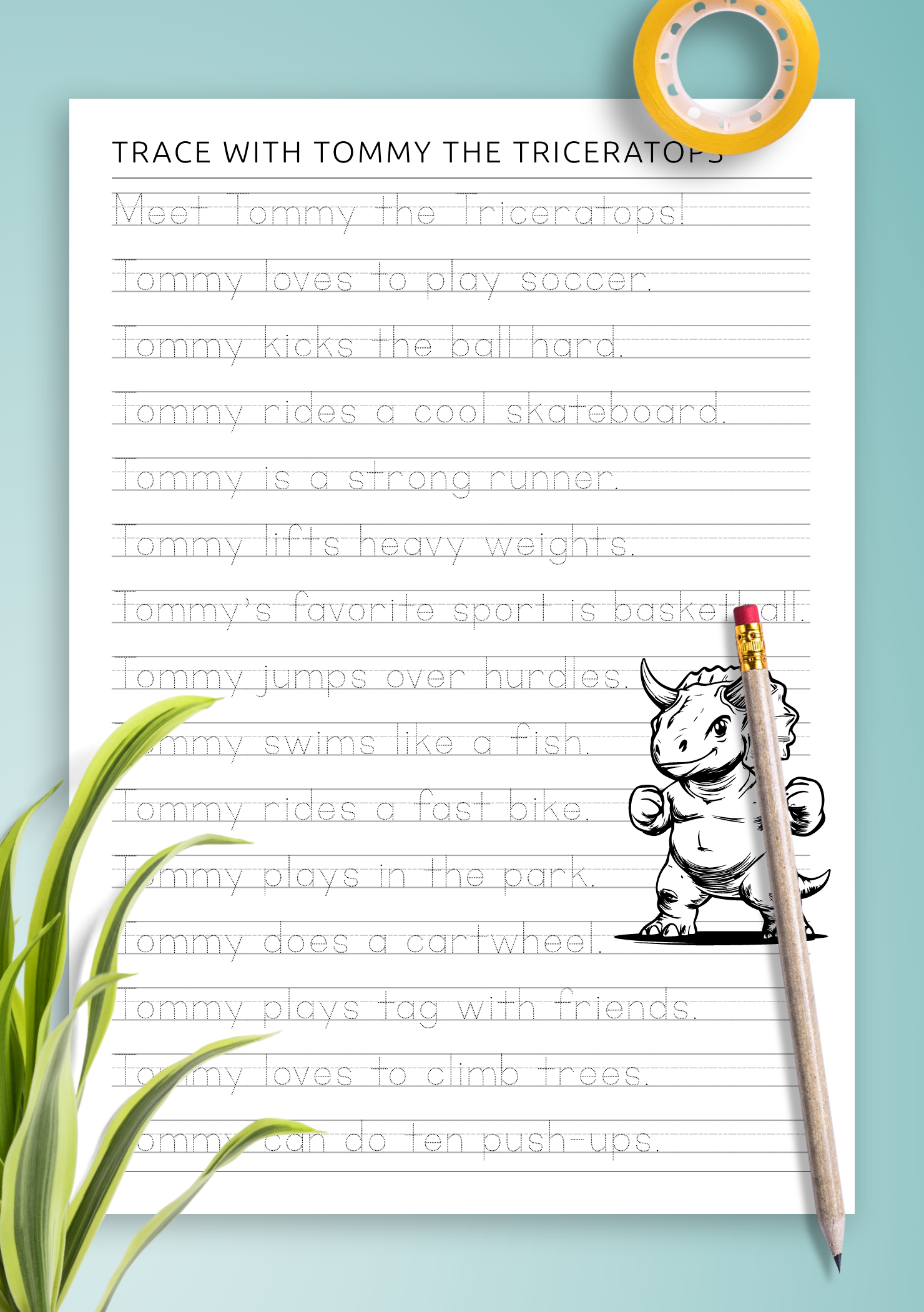 Download Trace & Write with Tommy the Triceratops Printable PDF