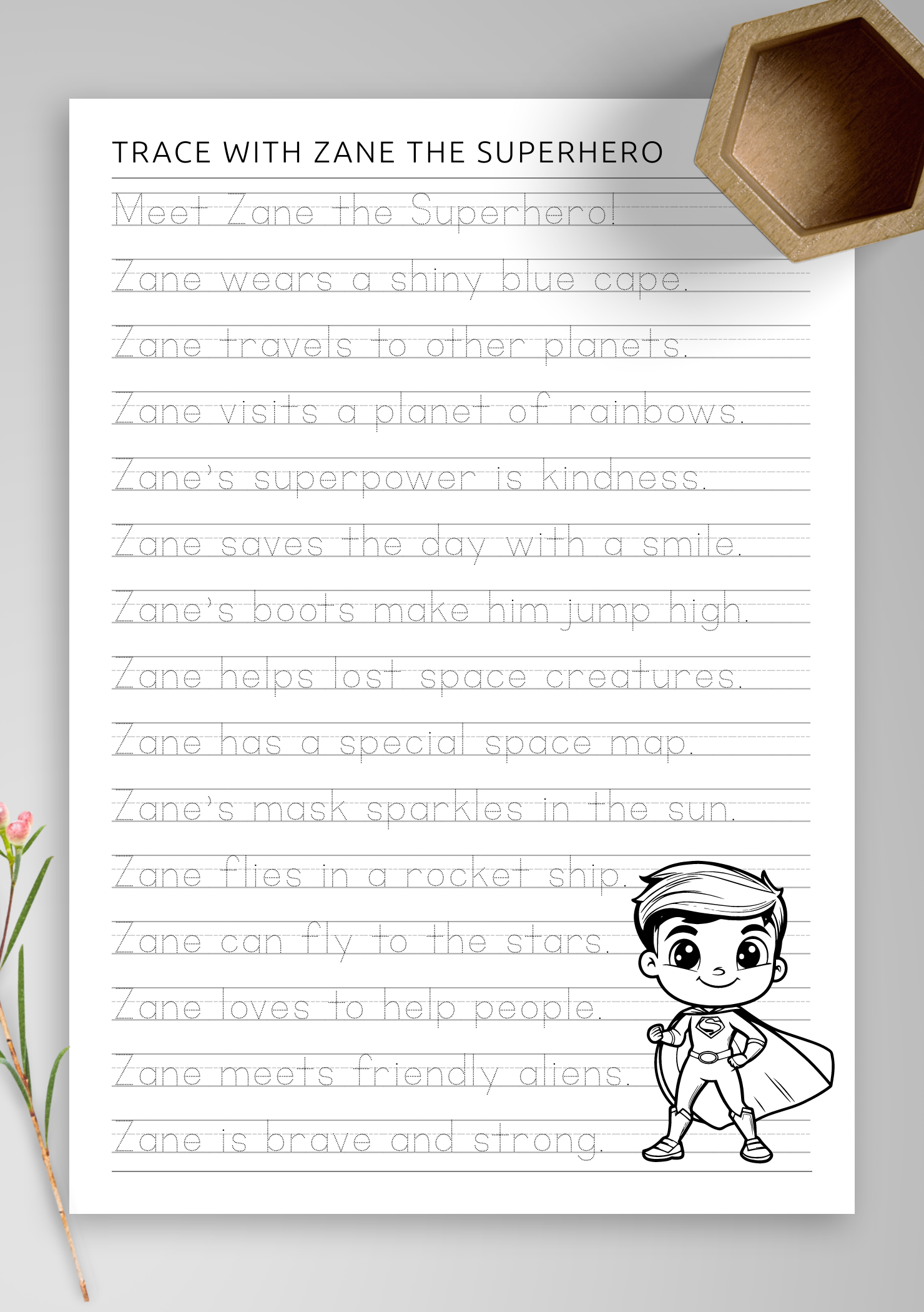 Download Trace & Write with Zane the Superhero Printable PDF