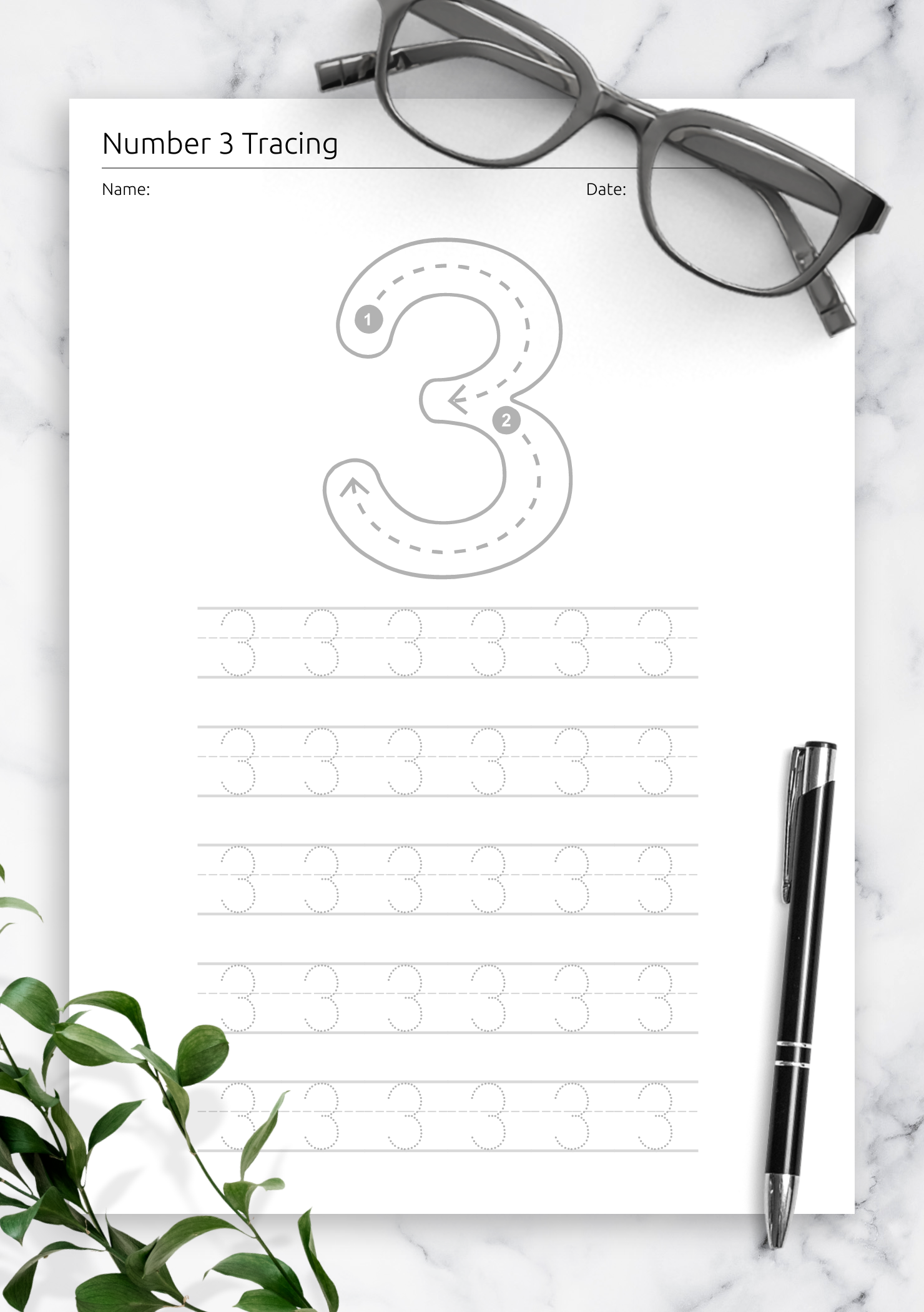 Download Traceable Number 3 for Kids Printable PDF